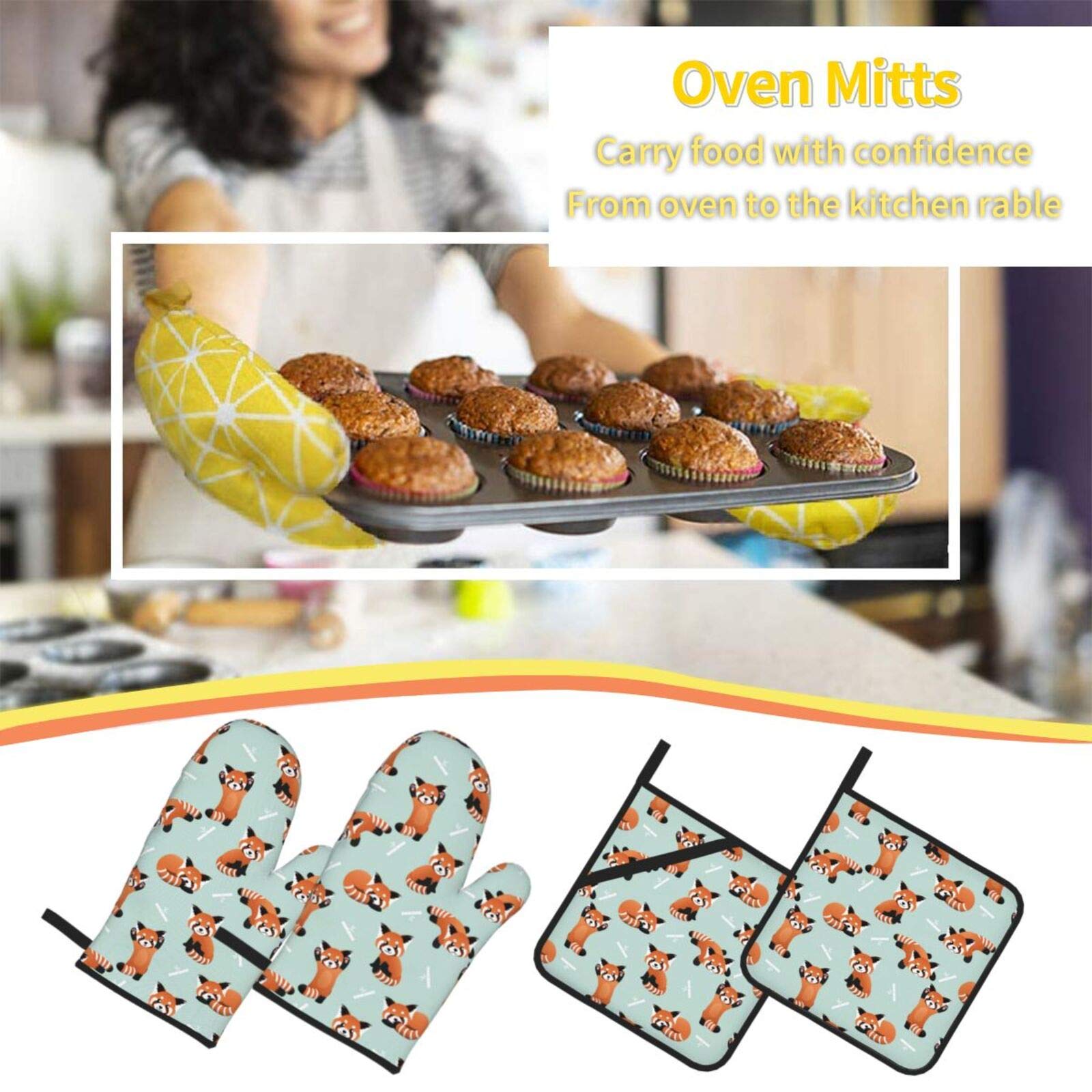 MSGUIDE Bears Oven Mitts and Pot Holders Sets, Heat Resistant 4 Pcs for Safe BBQ Cooking Baking Grilling