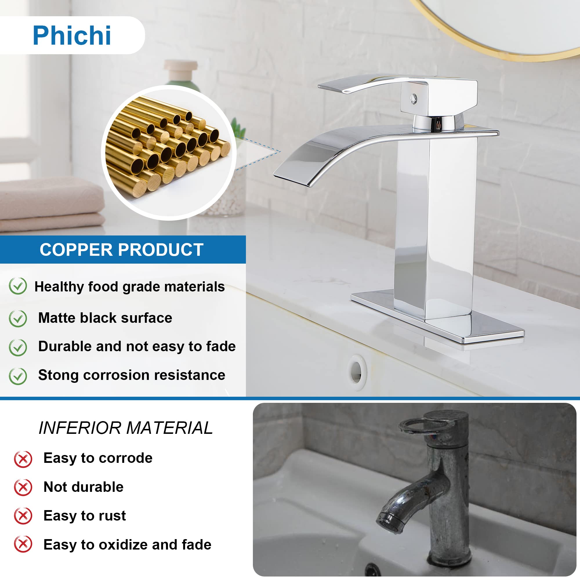 PHICHI Chrome Bathroom Faucet Waterfall Single Handle 1 or 3 Hole Faucet, Commercial Modern Lavatory Tap with Pop-up Drain and Deck Plate