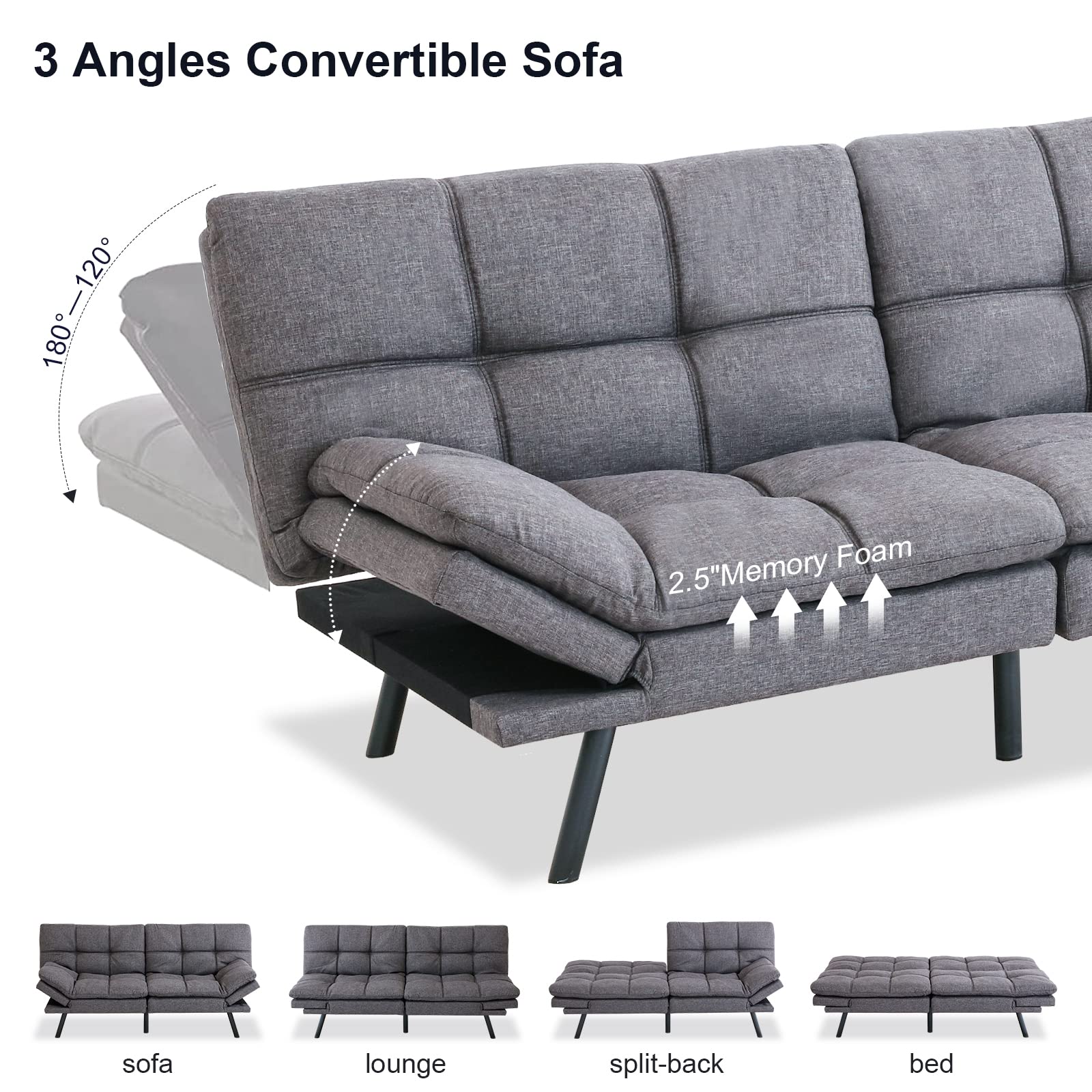 Maxspeed Futon Sofa Bed,Memory Foam Sleeper Sofa Bed Couch,Futon Convertible Sofa Bed Small Couch,Sofa Couch for Living Room Apartment Office.(Grey) (Maxspeed-HR-GREY-002)
