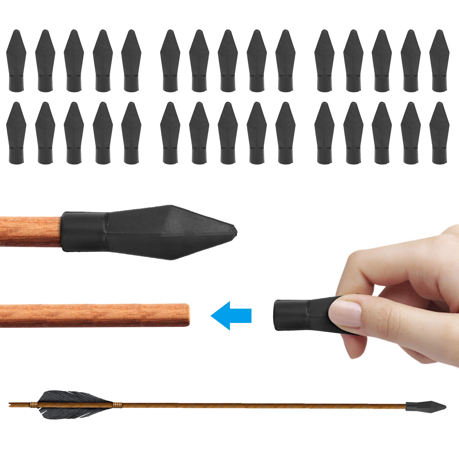 Ruiqas 30pcs Black Screw Rubber Soft Arrowhead Safety Arrows Tips for Outdoor Shooting Practice Entertainment