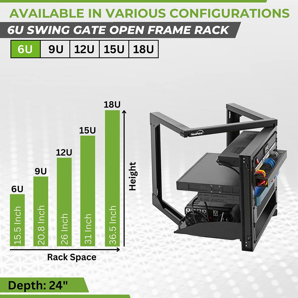 NavePoint 6U Server Rack with Swing Gate - 6U Wall Mount Rack for 19 Inch IT Equipment Open Frame Rack β Network Rack Wall Mount for AV & Server Equipment 24β Deep 6U Rack, Black