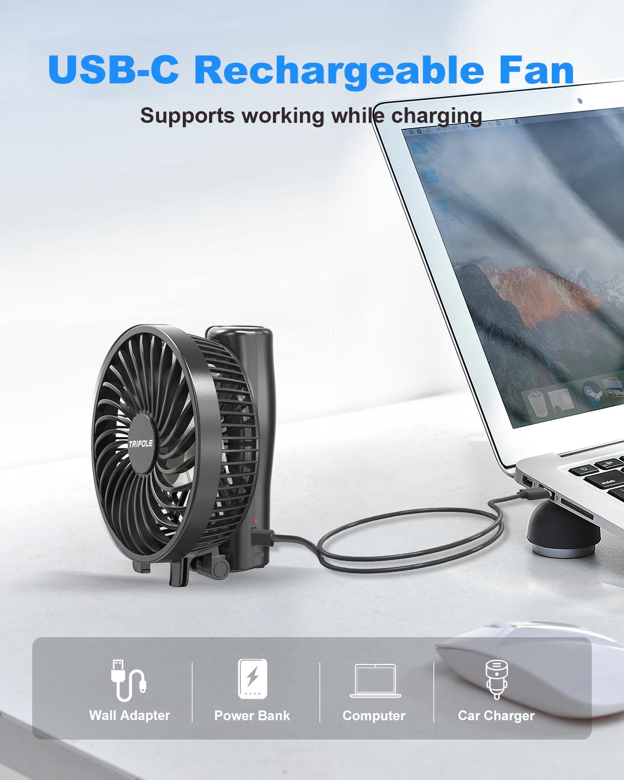 TriPole Handheld Fan Portable Mini Fan, 3 Speeds Foldable Small Personal Fan, Rechargeable USB Desk Fan, Powerful Hand Held Fan Battery Operated for Travel Outdoor Makeup Gifts, Black, 4.2” Fan Cover
