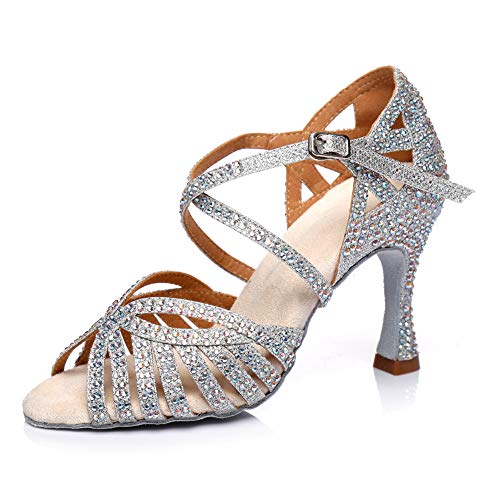 RUYBOZRY Women Latin Dance Shoes Glitter Rhinestone Salsa Ballroom Performence Dancing Shoes, L380-Silver-6,US8.5