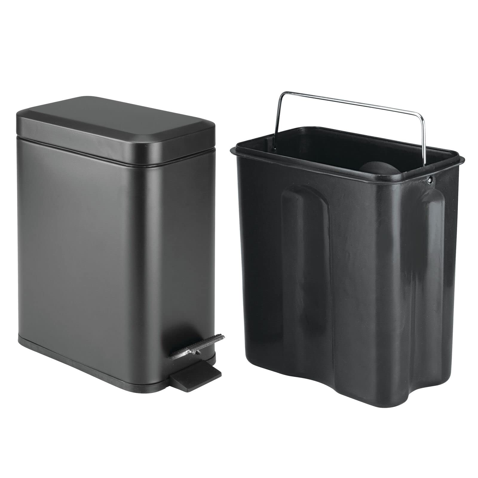 mDesign Slim Metal Rectangle 2.6 Gallon Trash Can with Step Pedal, Easy-Close Lid, Removable Liner - Narrow Wastebasket Garbage Container Bin for Bathroom, Bedroom, Kitchen, Office - Black