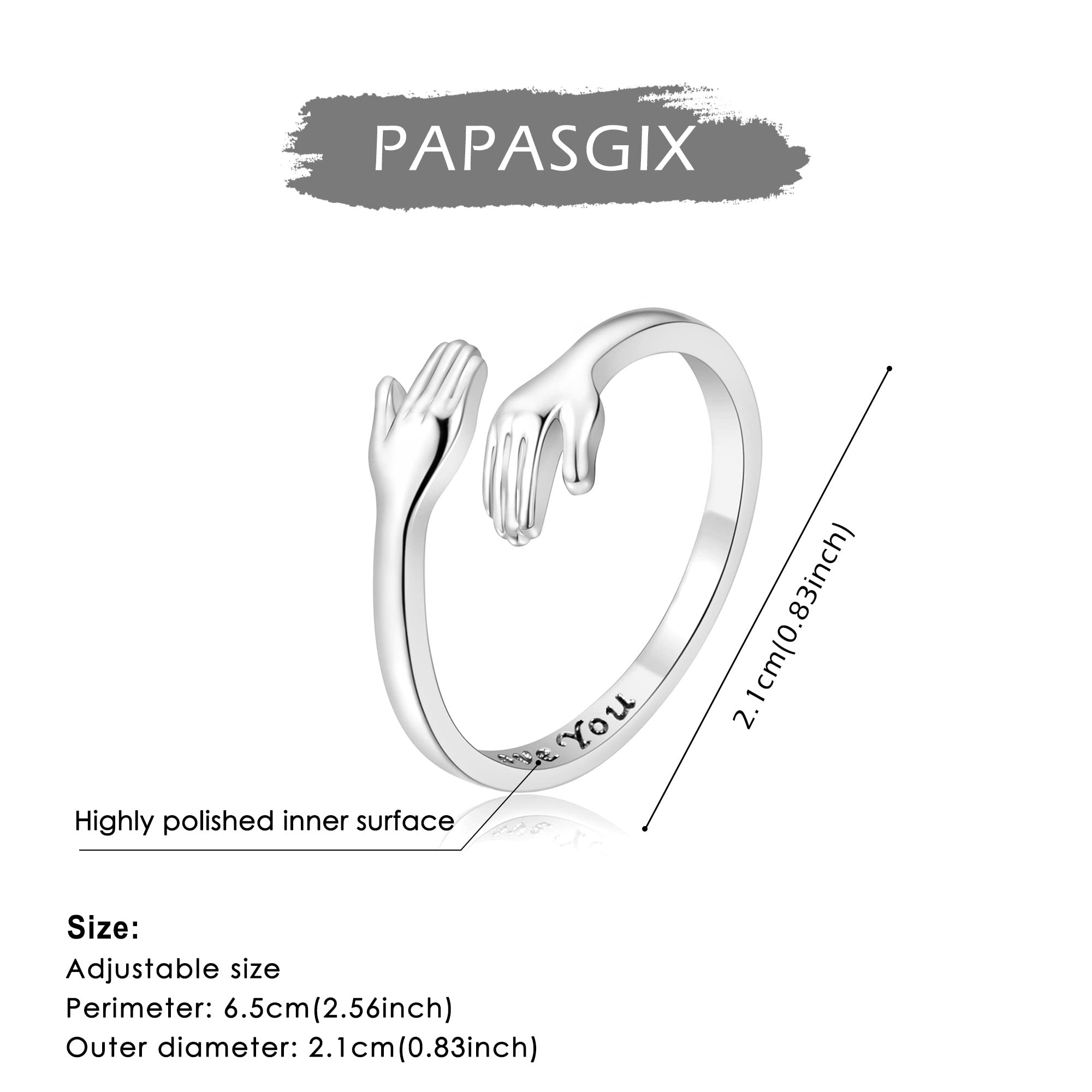 papasgix Hug Ring for Women 925 Sterling Silver,Hug Rings Silver Hugging Hands Open Promise Ring Jewelry Hug Hands Mens Rings Couples Wedding Bands (Silver)