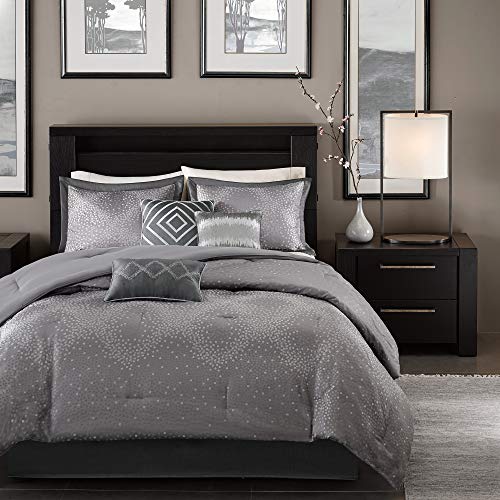 Madison Park Cozy Comforter Set - Trendy Design, All Season Down Alternative Luxury Bedding with Matching Shams, Decorative Pillows, Quinn, Sequins Jacquard Grey King(104"x92") 7 Piece