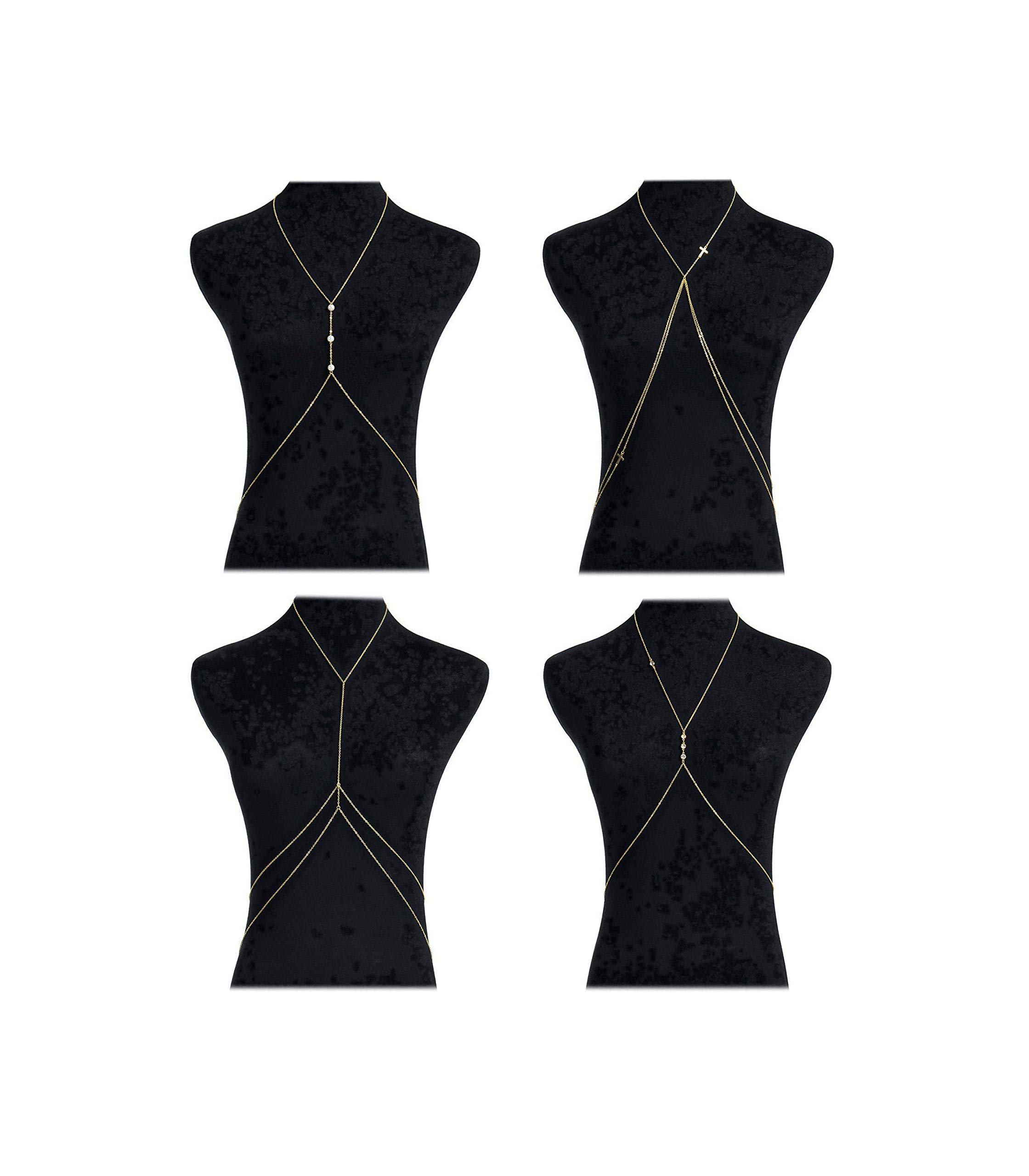 Masedy 4Pcs 18K Gold-plated Sexy Crossover Body Belly Chains Necklace Bikini Beach Body Jewelry Gold