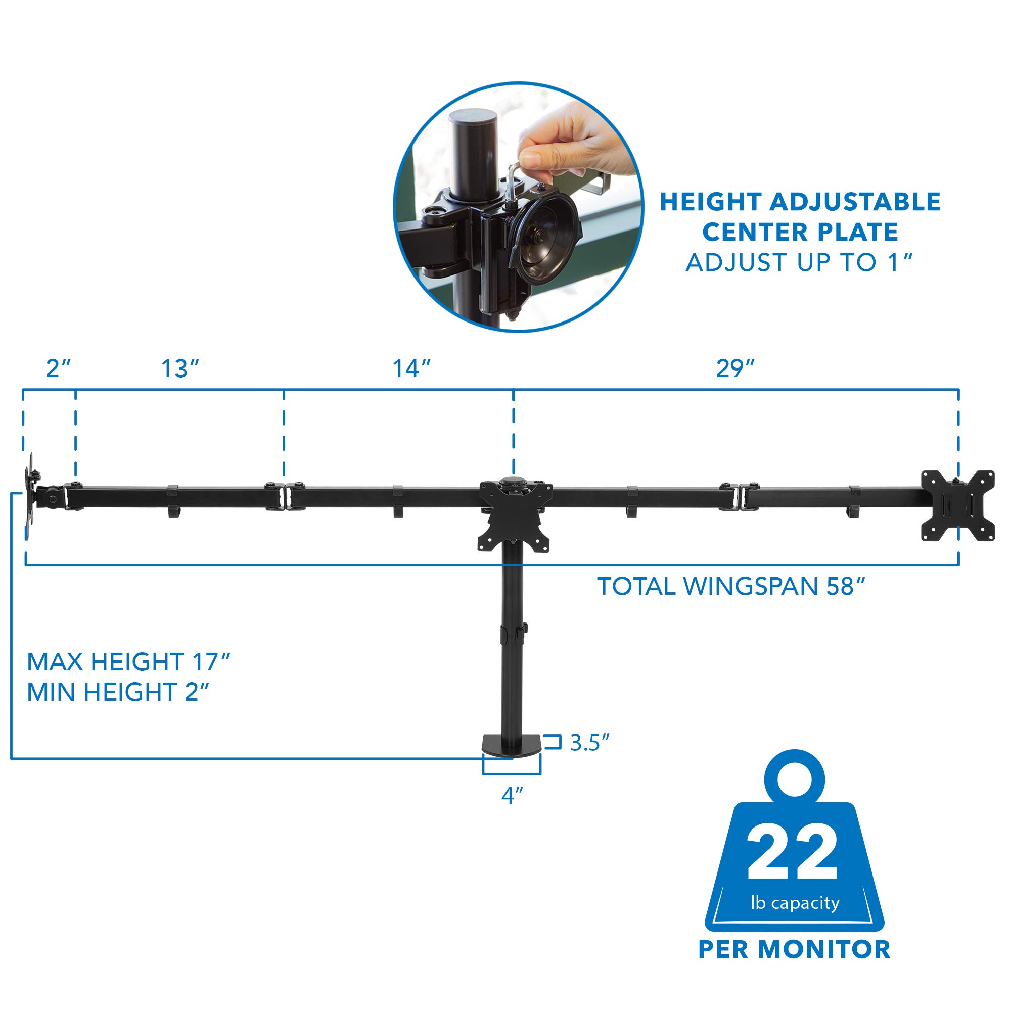 Mount-It! Triple Monitor Mount | 3 Computer Screen Desk Stand with Clamp and Grommet Base Fits Up to 24, 27, 32 Displays | Universal VESA Pattern 75x75 and 100x100