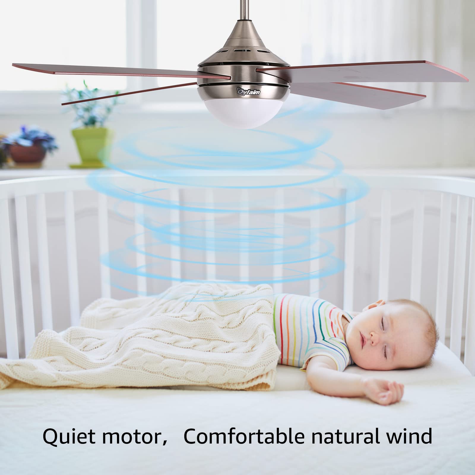 Ovlaim Quiet DC Motor 48 Inch Wood Ceiling Fan with Lights Remote Control for Bedroom Living Room, 4 Blades Brown