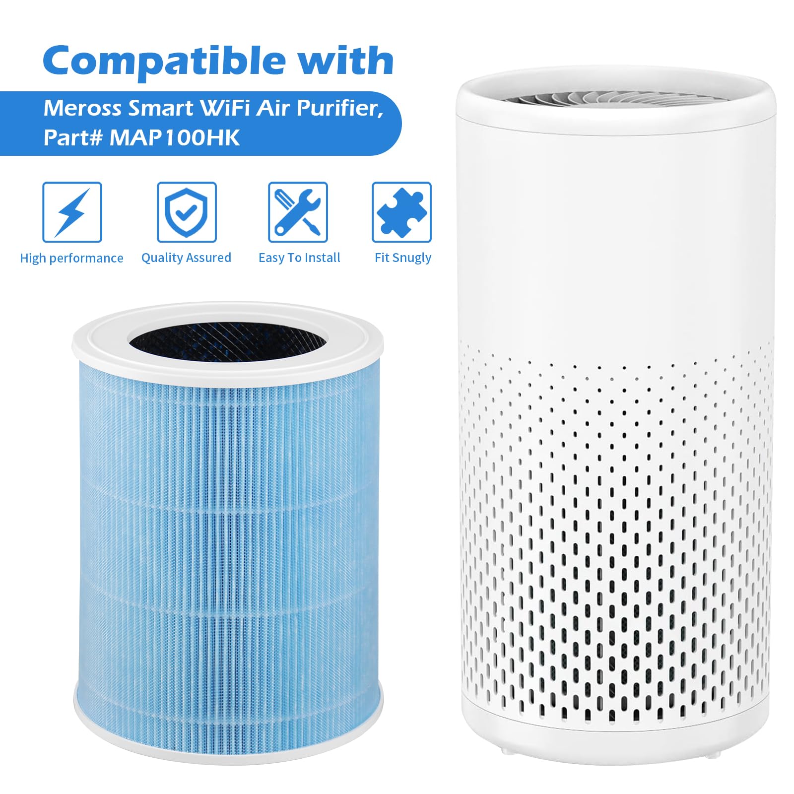 SAKEGDY H13 True HEPA Filter, Compatible with Meross Smart WiFi Air Cleaner Purifier, 3-IN-1 Filter with True HEPA, Activated Carbon, Pre-filter, Part # MHF100 (2 Pack)