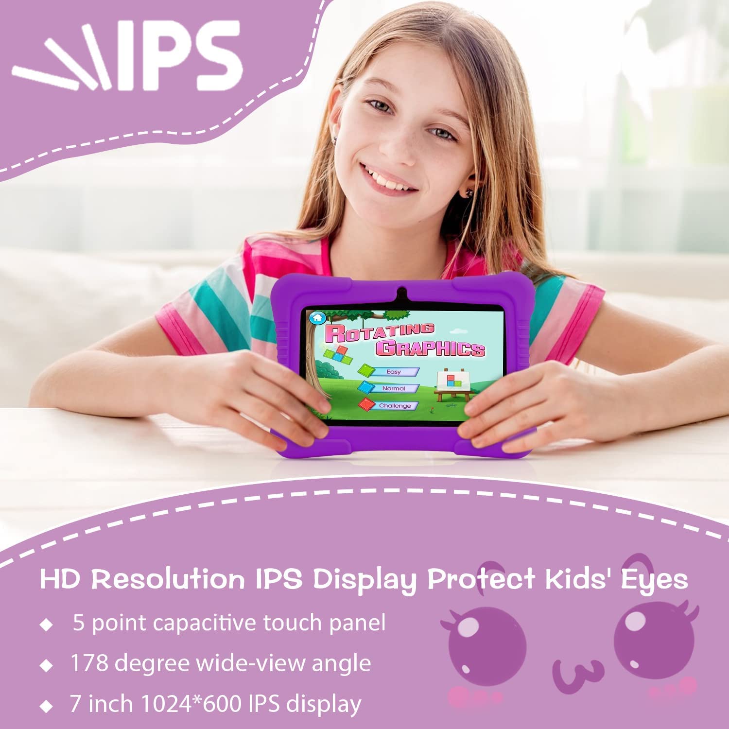 Veidoo Kids Tablet, 7 inch Android Tablet PC, 1GB RAM 16GB ROM, Safety Eye Protection Screen, WiFi, Bluetooth, Dual Camera, Educational, Games, Parental Control APP, Tablet with Silicone Case(Purple)