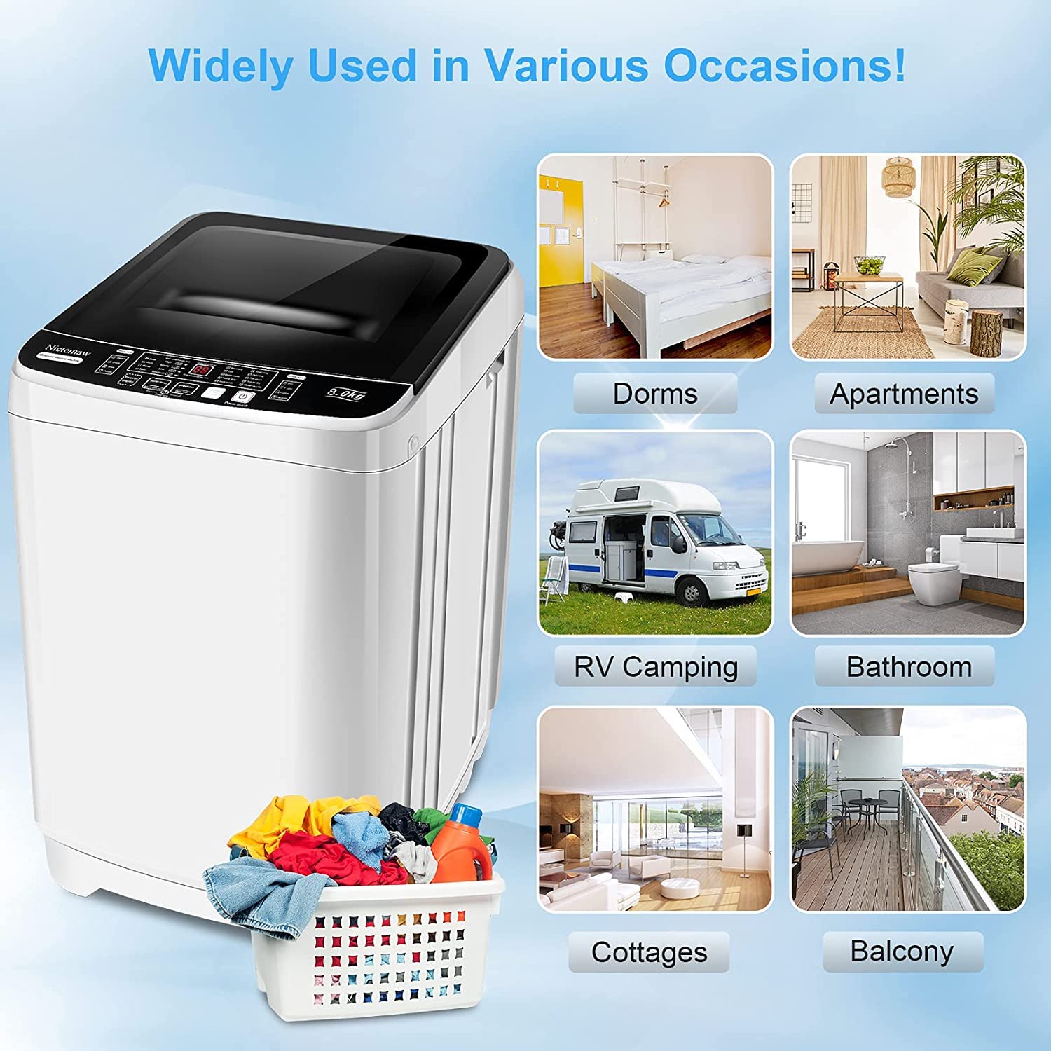 Nictemaw Portable Washing Machine 17.8lbs Capacity Full-Automatic 2.3 Cu.ft Portable Washer and Dryer Combo with 10 Programs and 8 Water Level Selections Compact Washer for Apartments, Home, Dorms, Rv