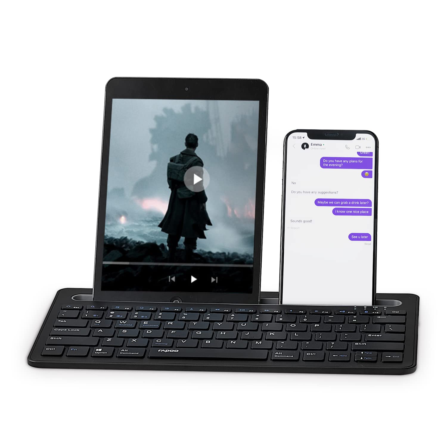 Rapoo XK100 Multi-Device Bluetooth Keyboard with Integrated Stand Rechargeable Portable, Connect Upto 3 Devices for Tablet Cellphone PC Smart TV, Compatible with Windows 7/8/10/XP Vista Linux Mac