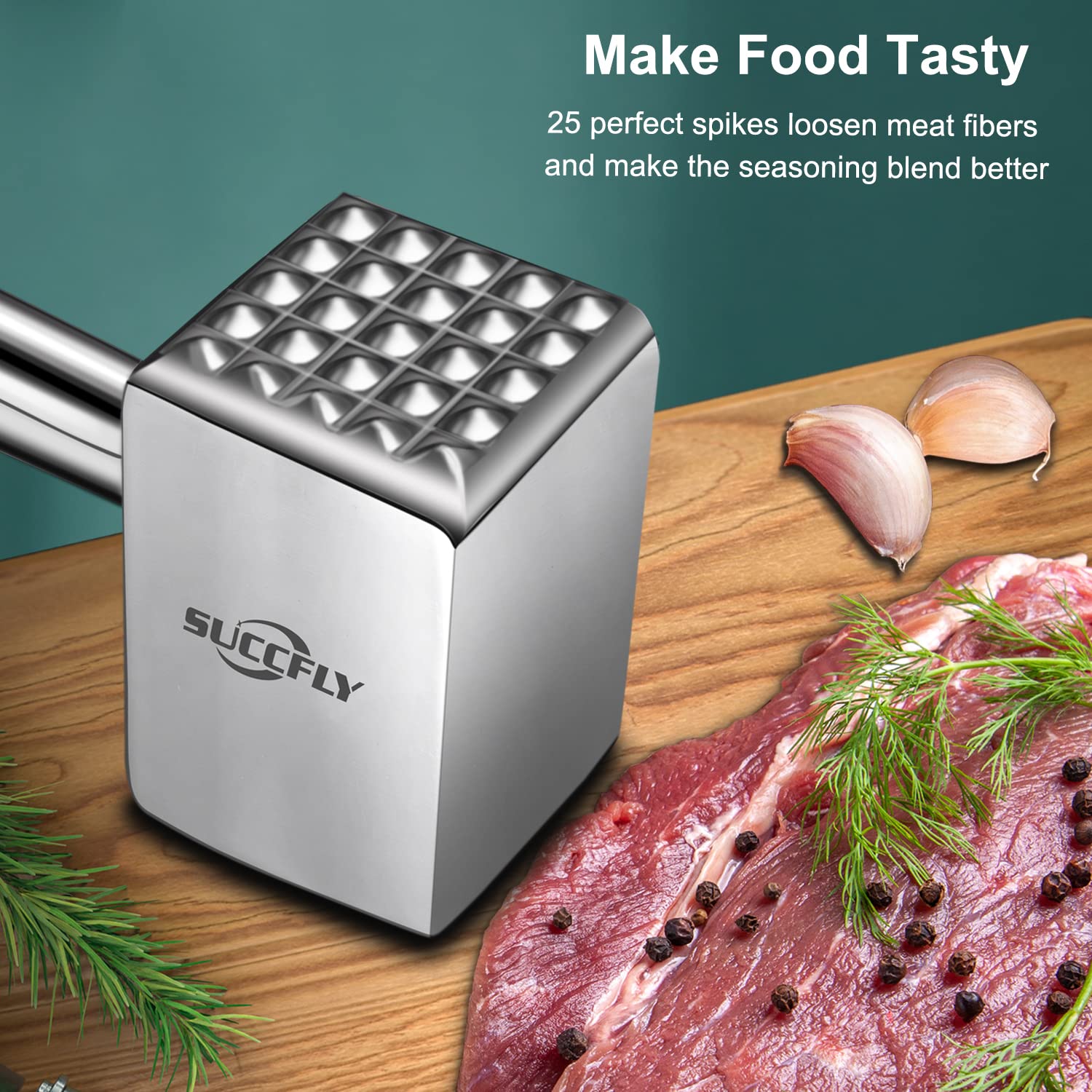 SUCCFLY Meat Tenderizer Stainless Steel, Heavy Duty Meat Hammer, Kitchen Meat Mallet, Meat Pounder Flatterner Weighted Hammer Extended Handle for Labor-saving Chicken Steak Meat Tenderizer Tool(1.6LB)
