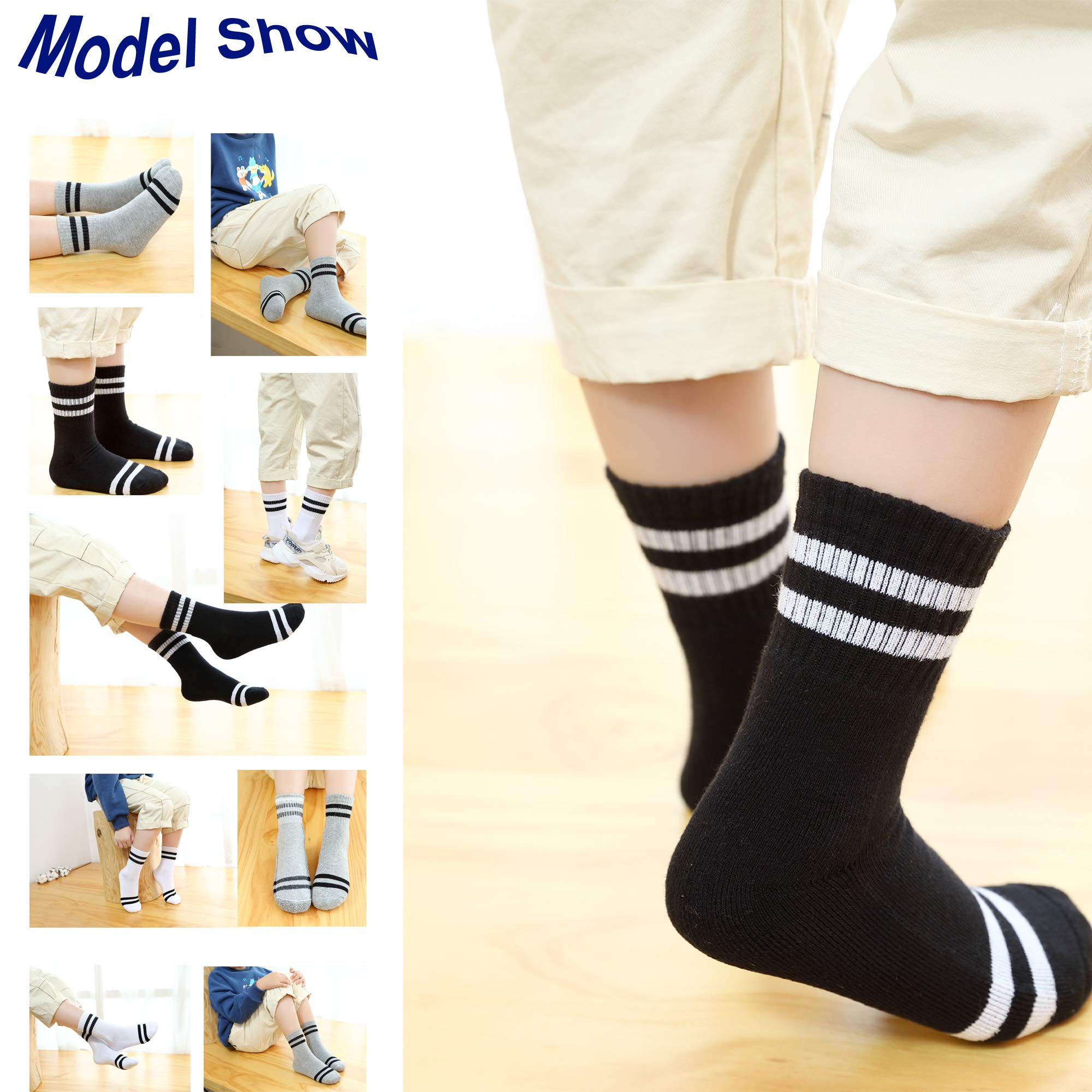 Oohmy Boys Girls Athletic Ankle Socks 8 Packs Terry-loop Cushion Warm Autumn Winter Combed Cotton Socks Shoe 6-9 Typical Age 3-7 yrs old (BLACK+GRAY, Medium)