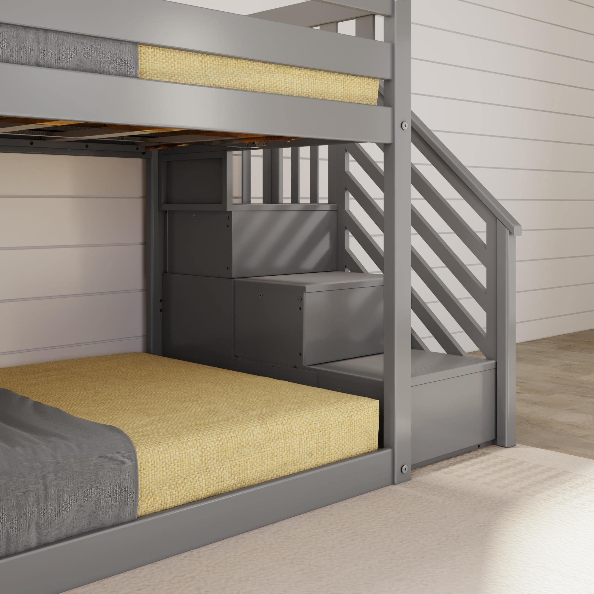 Max & Lily Solid Wood Twin over Twin Size Low Bunk Beds for Kids with Slide and Stairs, 400 lbs Weight Capacity, 14" Safety Guardrail, Anti-Slip Steps, White