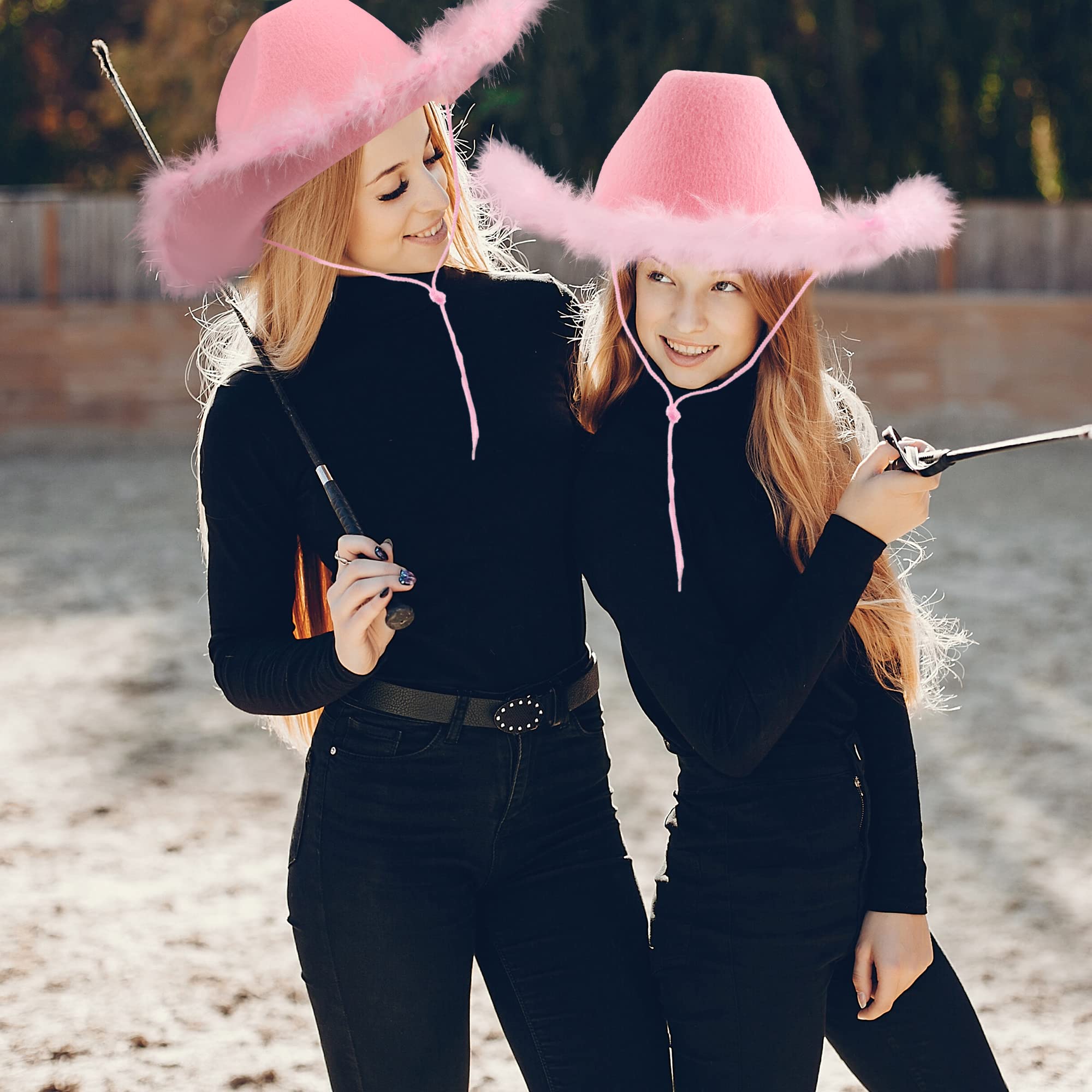 Rcanedny 8 Pack Cowboy Hats Feather Western Cowgirl Hats with Adjustable Neck Draw String for Women Adults Birthday Halloween Cowboy Party Pack (Pink)