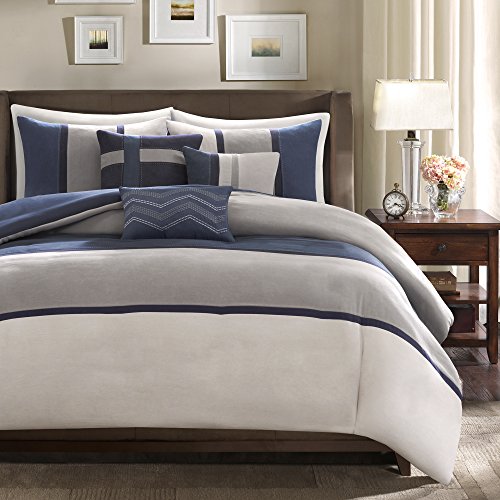 Madison Park Palisades Duvet Cover Full/Queen Size - Navy, Grey, Pieced Stripe Duvet Cover Set β 6 Piece β Micro Suede Light Weight Bed Comforter Covers