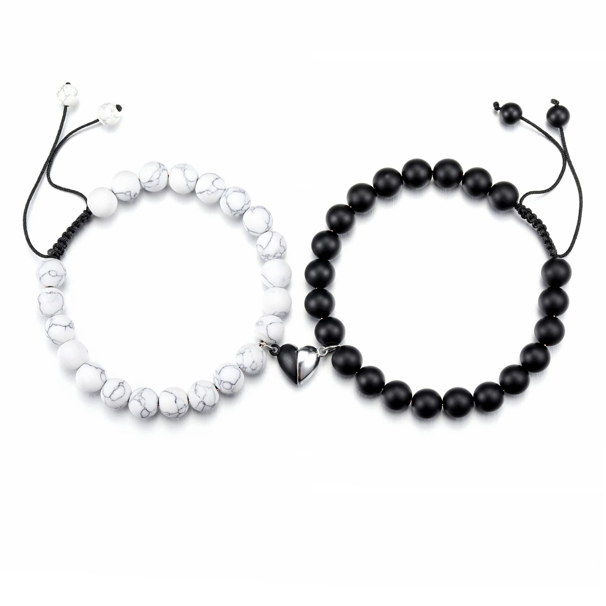 Top Plaza 2pcs Couples Bracelets Matching Heart Bracelets for Lover Healing Crystal Black Agate White Turquoise Bracelets for Couples Him & Her BF GF Valentine's Day Gifts
