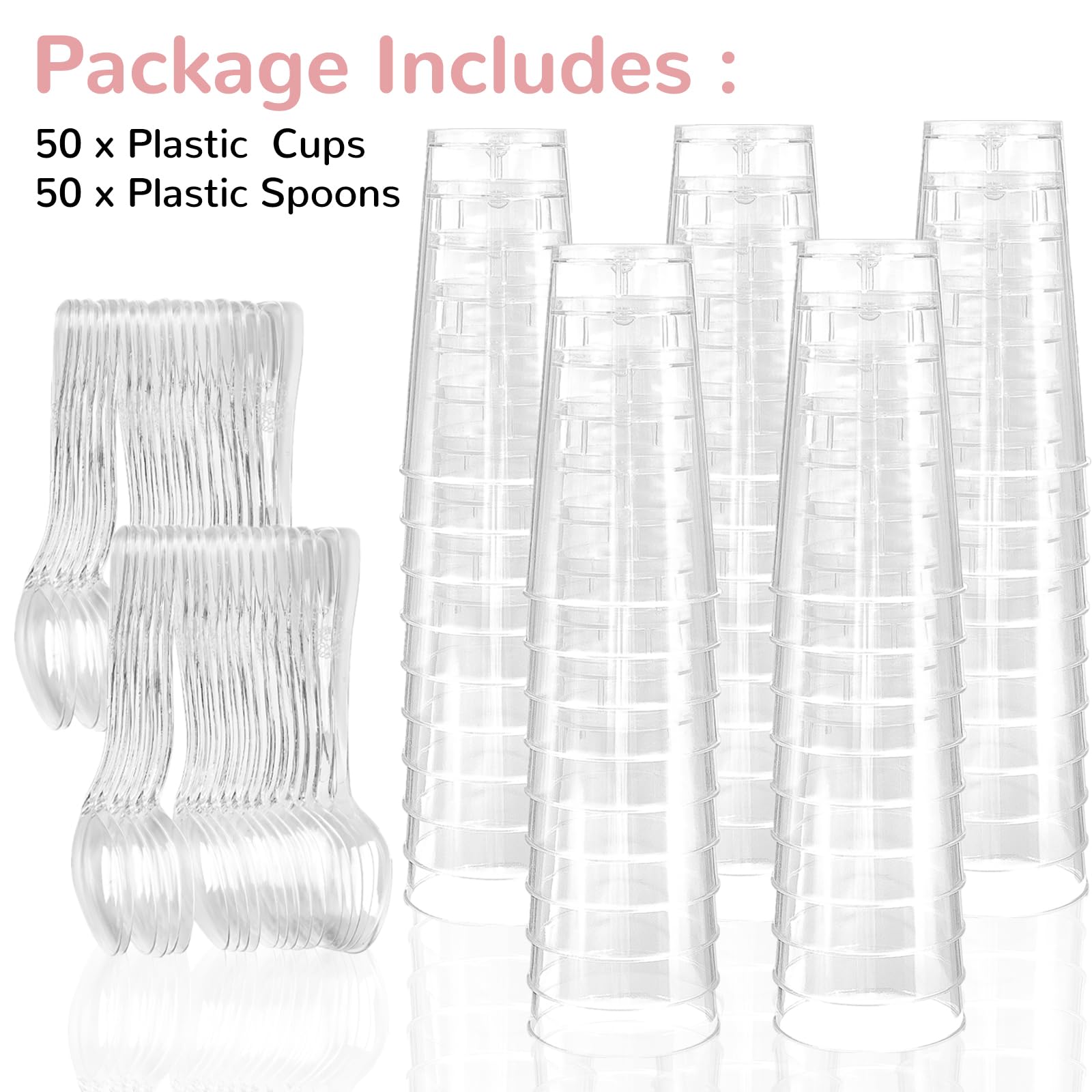 TOFLEN 50 Pack 3 oz Mini Dessert Cups with Lids and Spoons, Round Tall Plastic Dessert Shooters Party Serving Tumbler Cups for Parfait Appetizers & Dessert Shot Glasses
