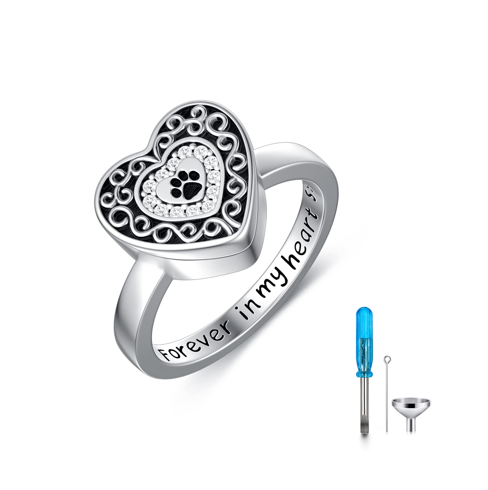 PEIMKO 925 Sterling Silver Heart Urn Rings Engraved Forever in My Heart Paw Print Urn Ring,Cremation Keepsake Urn for Ashes Pet Ashes Size 6-8(2)