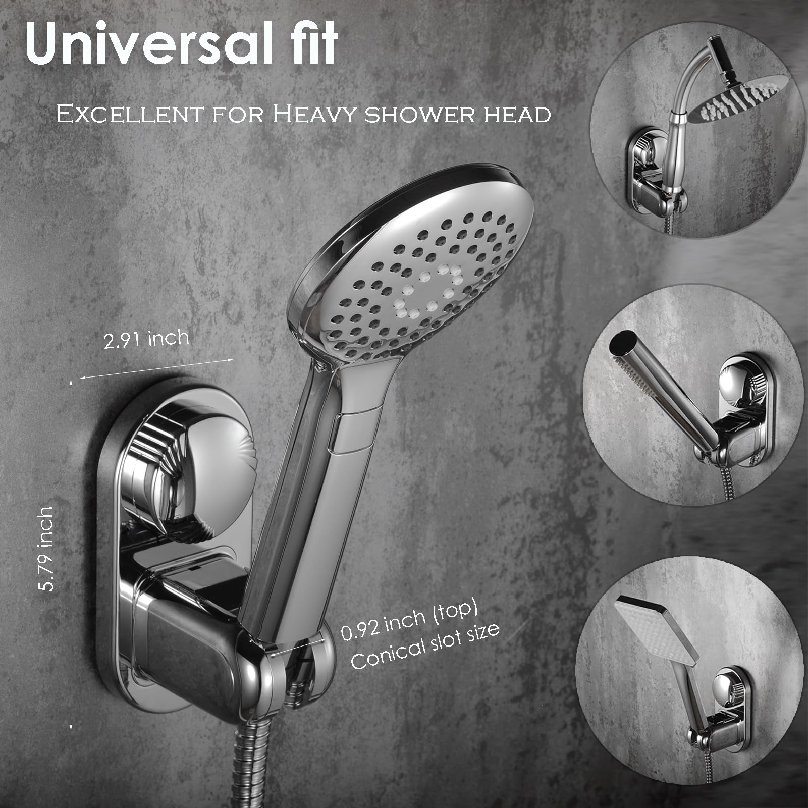 Wall Mount Handheld Shower Head Holder - 5 Positions Adjustable + 90° downwards - Large Shower Sprayer Fits - Suction Assisted Adhesive - Wide Slot - No Drill Installation - All Chrome Finish