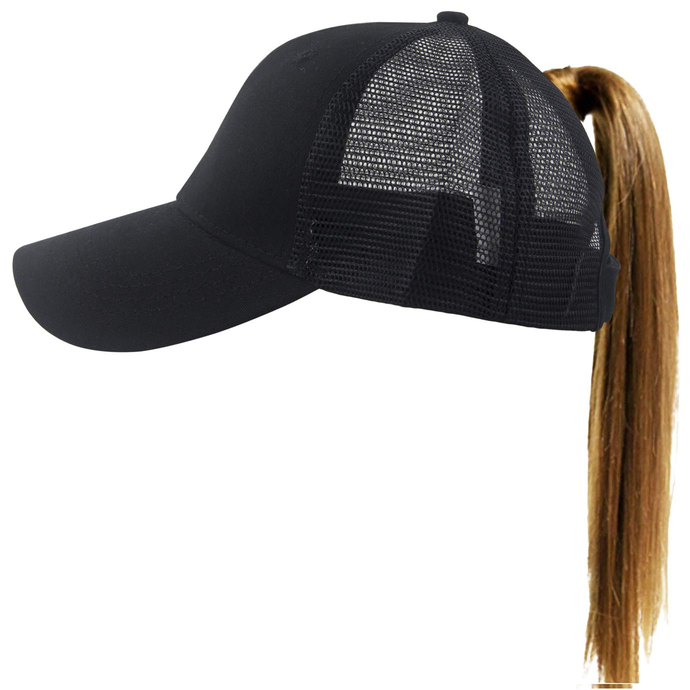 Muryobao Womens Ponytail Baseball Cap Messy High Bun Ponycap Adjustable Snapback Summer Sun Hat Plain Trucker Dad Hat Mesh Black