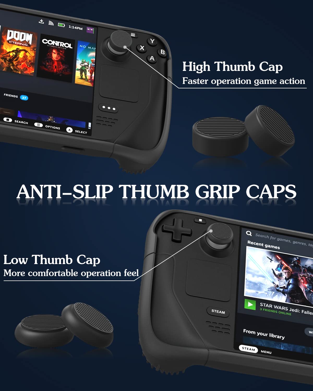 SUIHUOJI Steam Deck Case with Kickstand, Stand Base Accessories Protector for Valve Steam Deck Console, Stream Deck Protective Cover Skin Shell with 2Pairs Silicone Thumb Grips Caps, TPU+PC Case Black