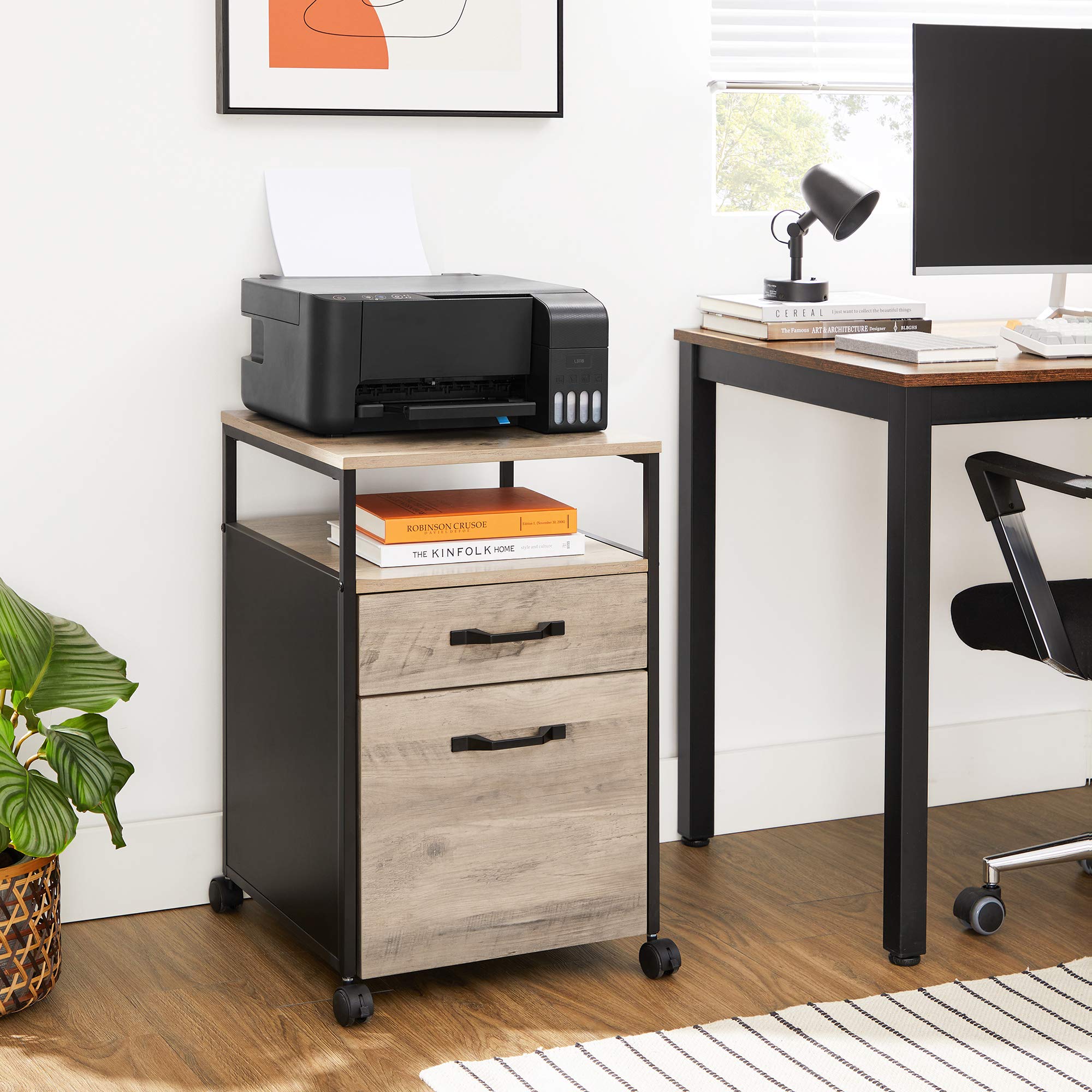 VASAGLE Ladder Shelf and Rolling Filing Cabinet Bundle, Industrial Style Office Storage Units, Mobile Cabinet on Wheels with Drawers, Greige and Black ULLS44MB and UOFC071B02