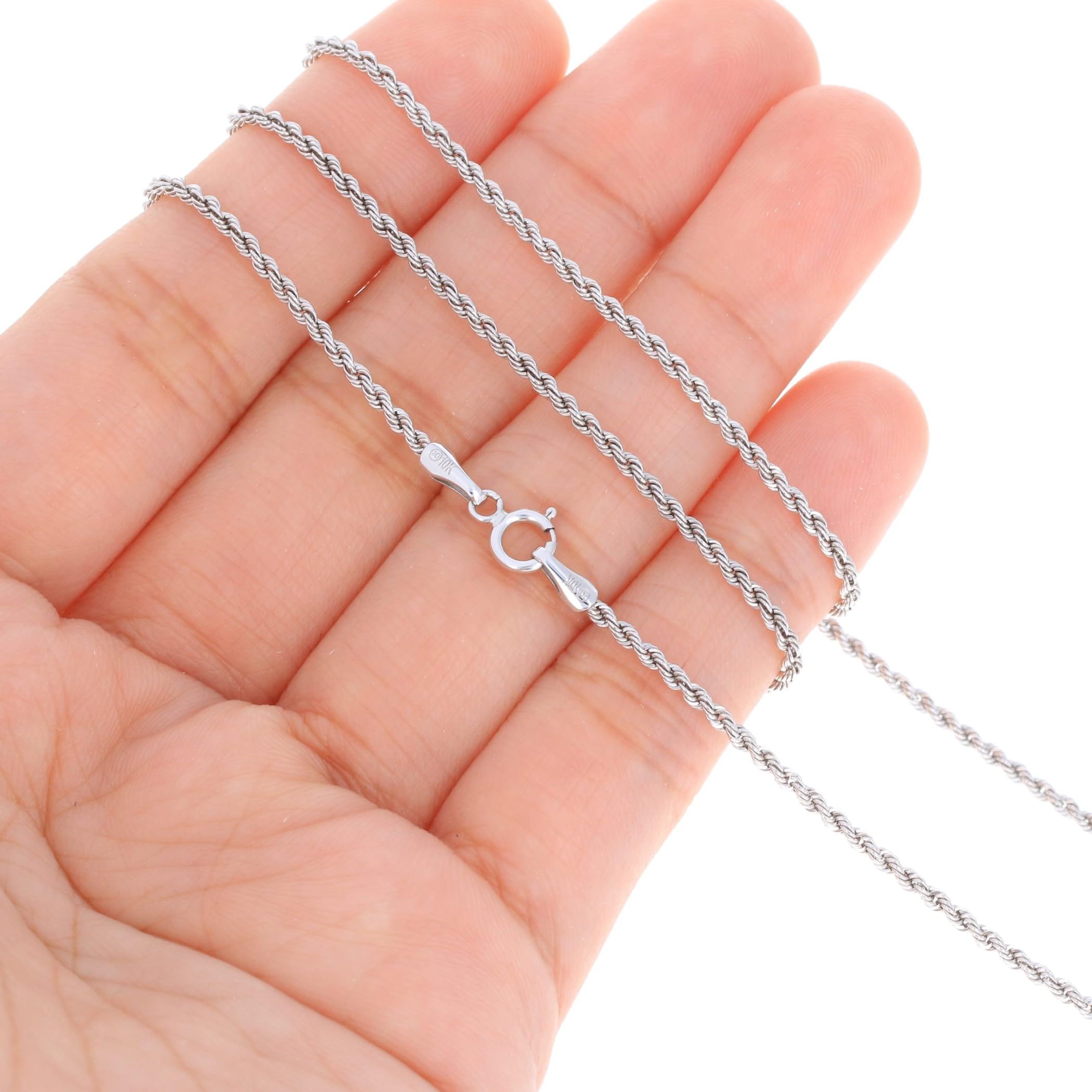 Nuragold 10k White Gold Dainty 1.5mm Rope Chain Diamond Cut Womens Mens Pendant Necklace, 14" 16" 18" 20" 22" 24" 26"