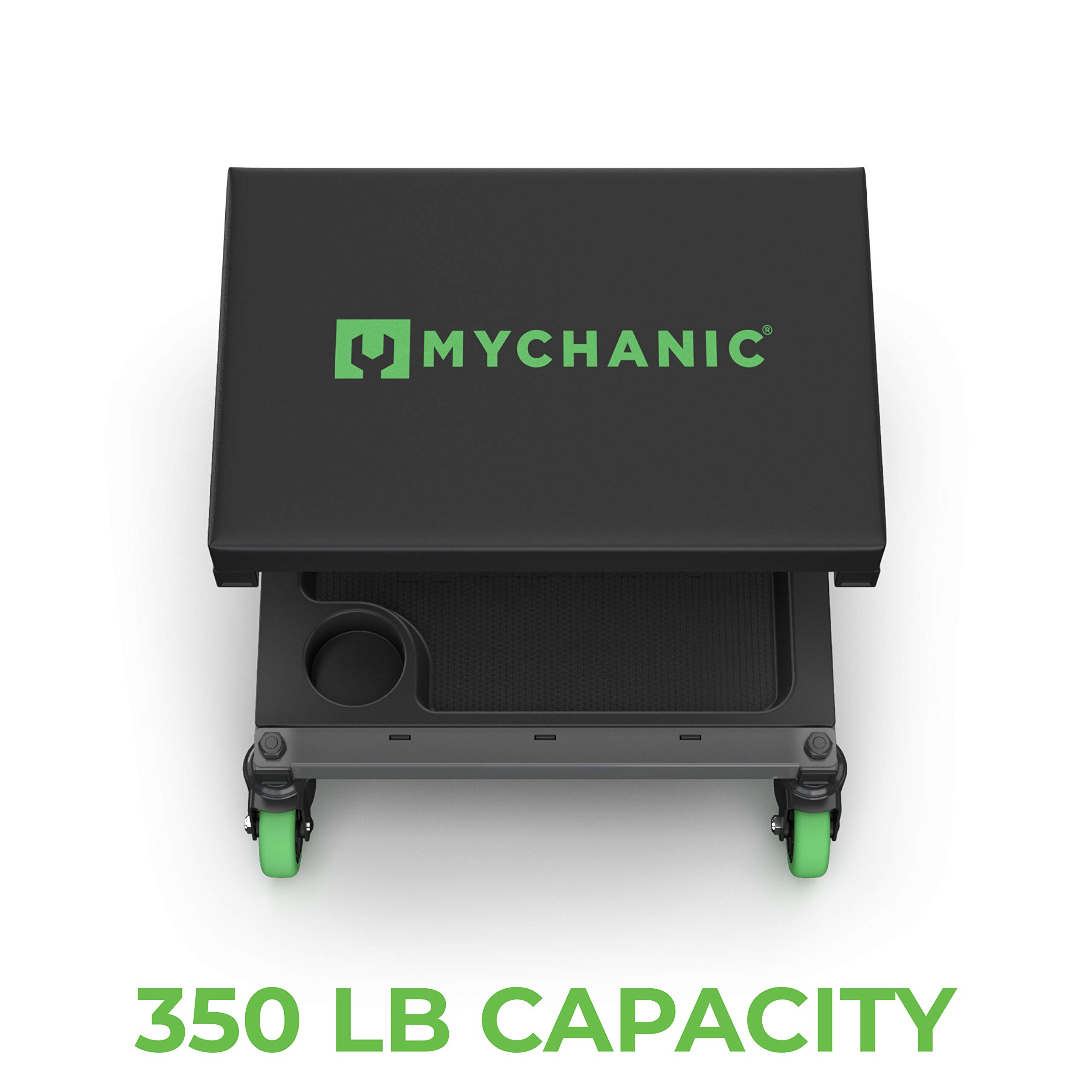 MYCHANIC Fastback Shop Stool - Rolling Garage Stool - 350 Lb Capacity - 3-Inch Casters - Tool Tray with Socket Organizer - Padded Seat - Powder Coated Steel Frame