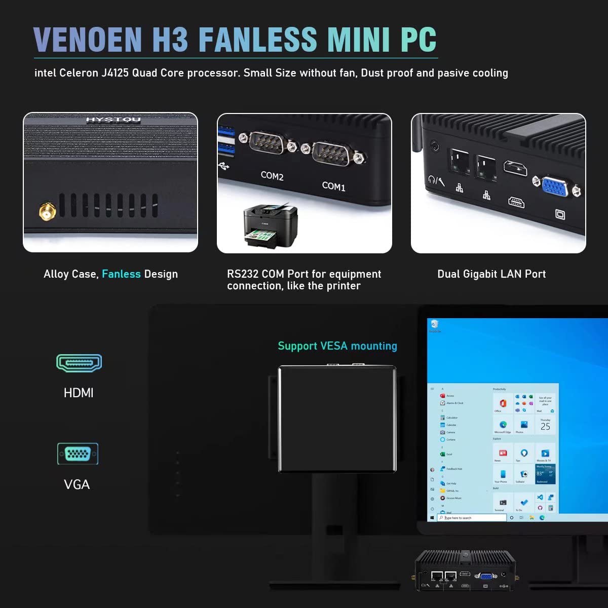 VENOEN Fanless Mini PC/4K HTPC Celeron J4125,8GB DDR4/256GB SSD,HDMI+VGA Dual Output,2xGigabit Enthernet,2xRS232 COM,2.4G+5G WiFi,Bluetooth 4.2,VESA Mount,Windows 10 pro Small Form Factor PC