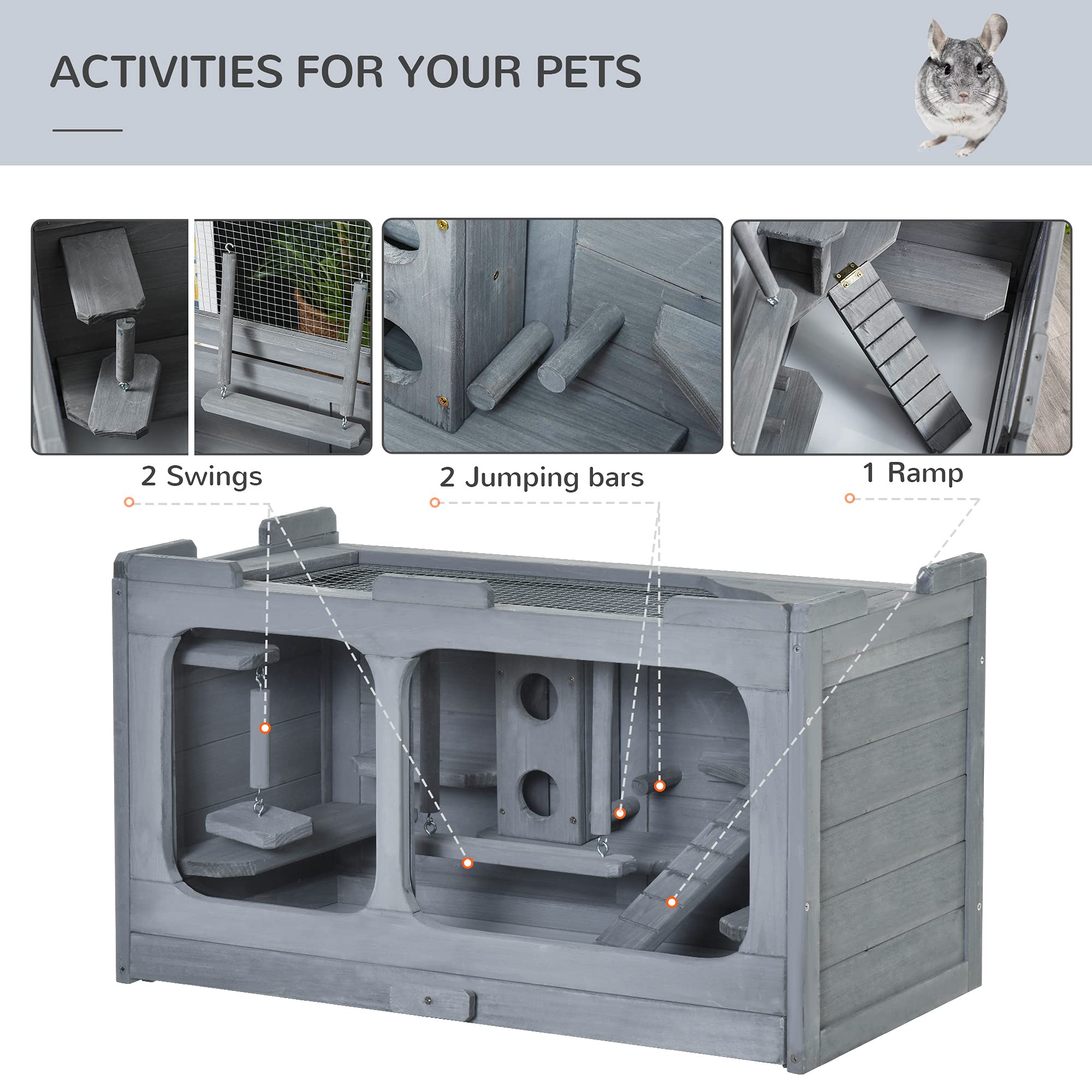 PawHut Wooden Extra Large Hamster Cage with Swings, Small Animal Cage and Habitat with Jumping Platforms, Hamster Habitat, Rats, Mice, Pull-Out Tray