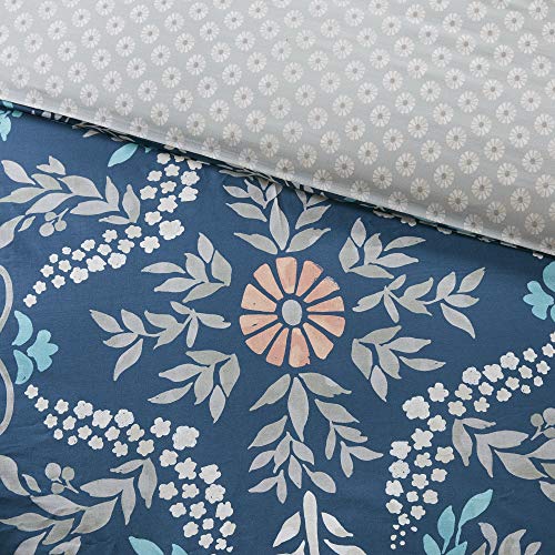 Madison Park Eden 3 Piece Cotton Printed Reversible Duvet Cover Set, Full/Queen(90"x90"), Navy