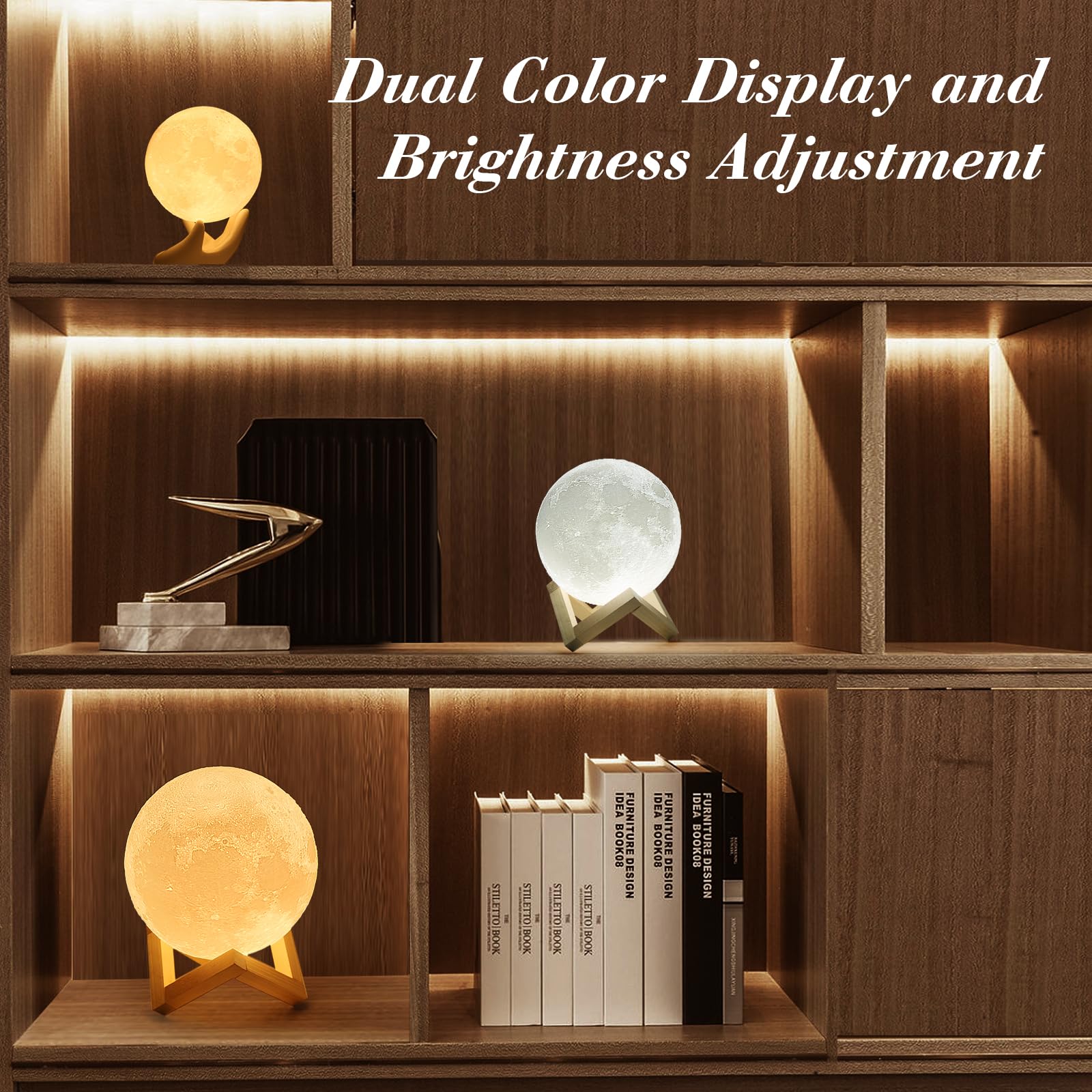 Mydethun 3D Moon Lamp with Ceramic Base, Mothers Day Gift, LED Night Light, Mood Lighting with Touch Control Brightness for Women,Home Décor, Bedroom, Kids Birthday, 3.5 Inch - White & Yellow