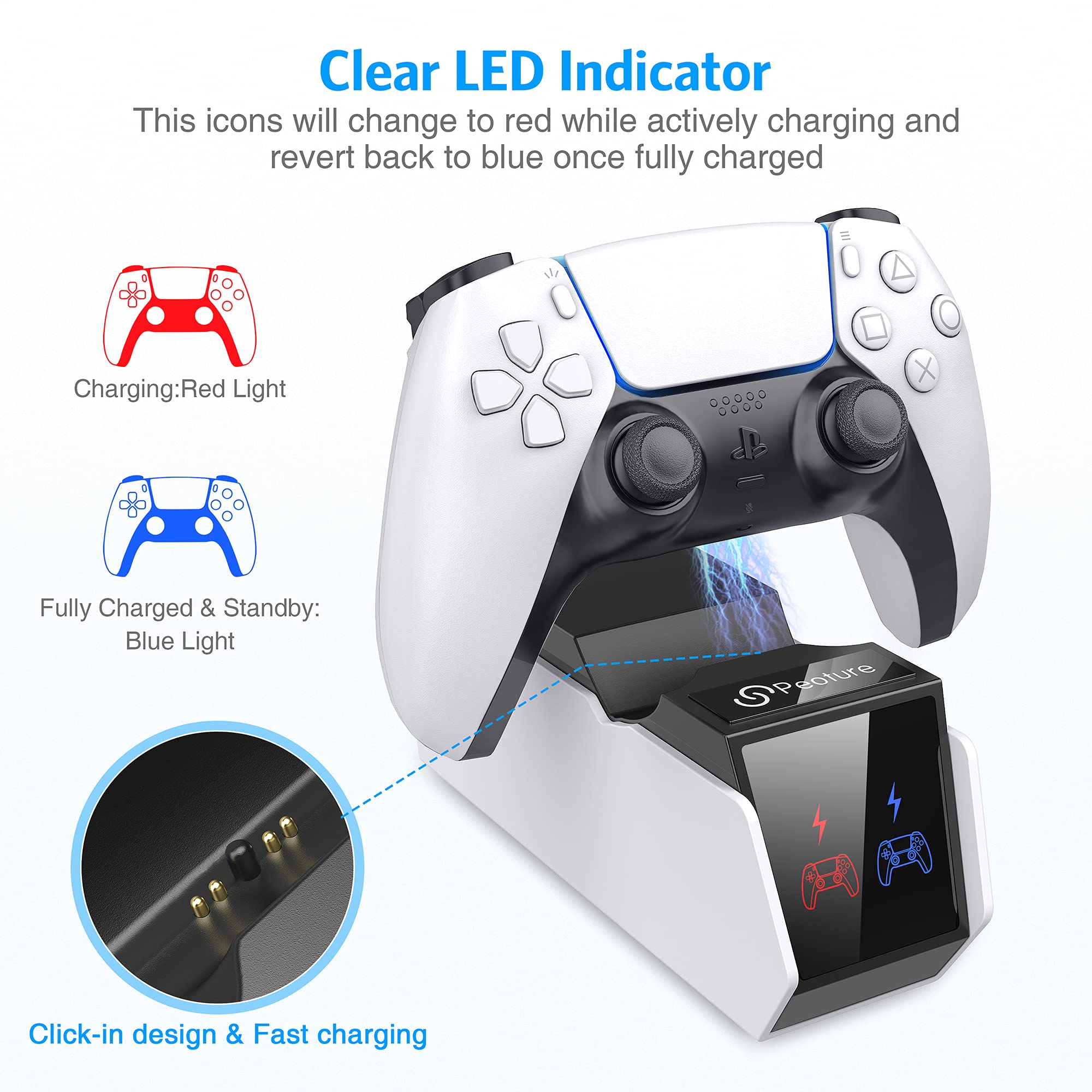 Peoture PS5 Controller Charger Station, PS5 Charging Station Dual Charger Docking Station Compatible with Playstation 5 PS5 with LED Indicators- Fast Charging 5V/2A Cable Included