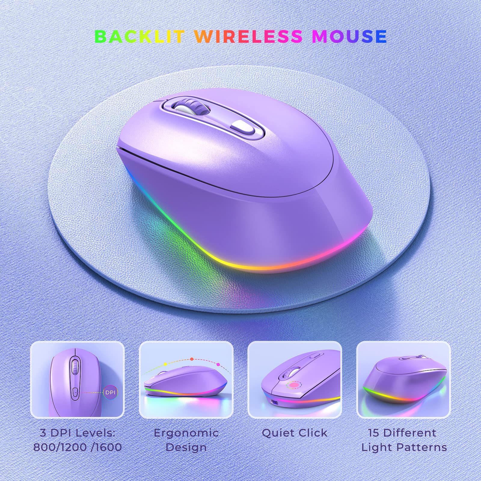 Wireless Keyboard and Mouse Combo Backlit, seenda Rechargeable Full-Size Illuminated 2.4Ghz Silent Keyboard and Mouse for Computer/Laptops/Windows/Gaming, Vine Purple