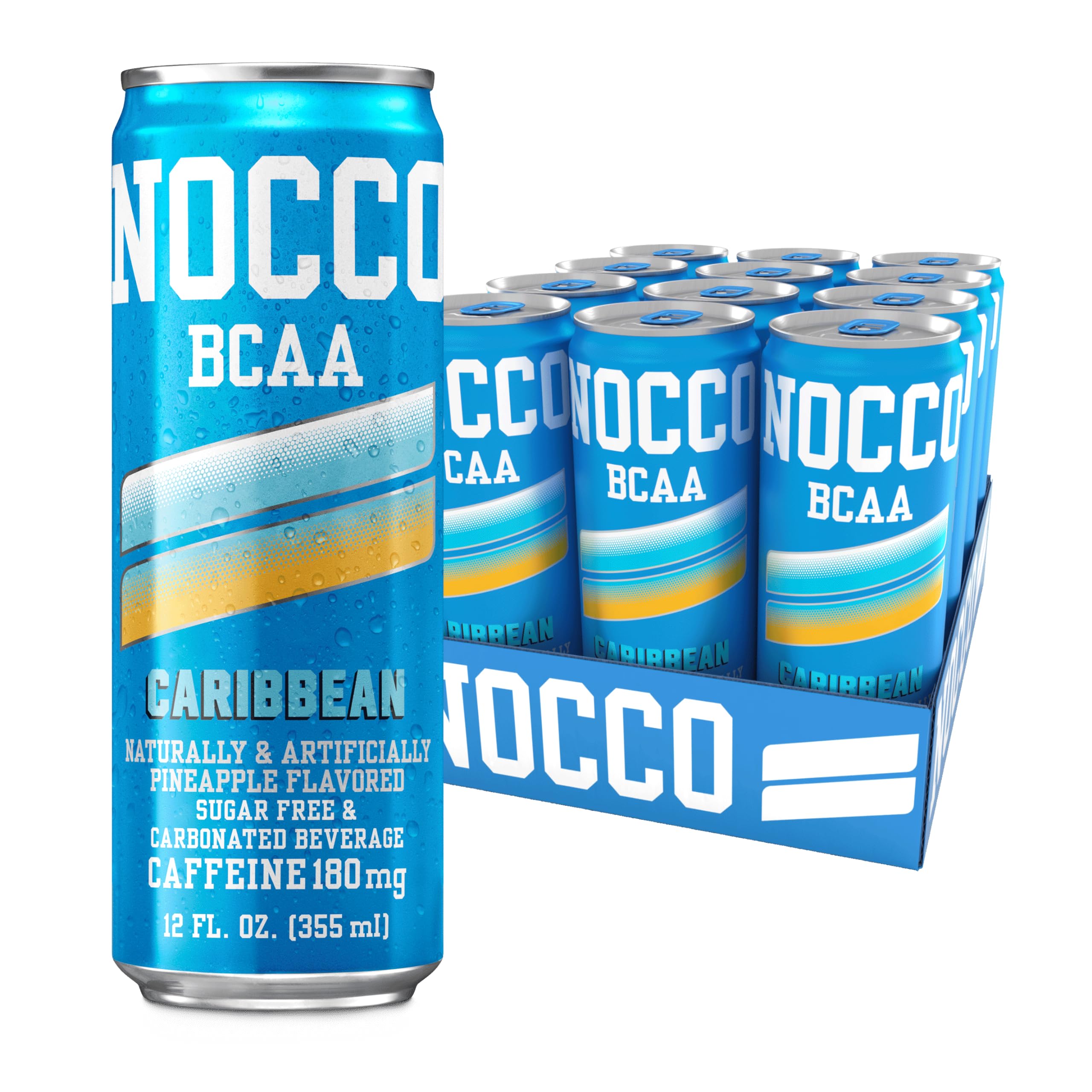 NOCCO BCAA Energy Drink Caribbean Pineapple - 12 Fl Oz (Pack of 12) - 180mg Caffeine, Sugar Free Energy Drinks - Carbonated, Low Calorie, BCAAs, Vitamin B6, B12, & Biotin - Grab & Go Performance Drink