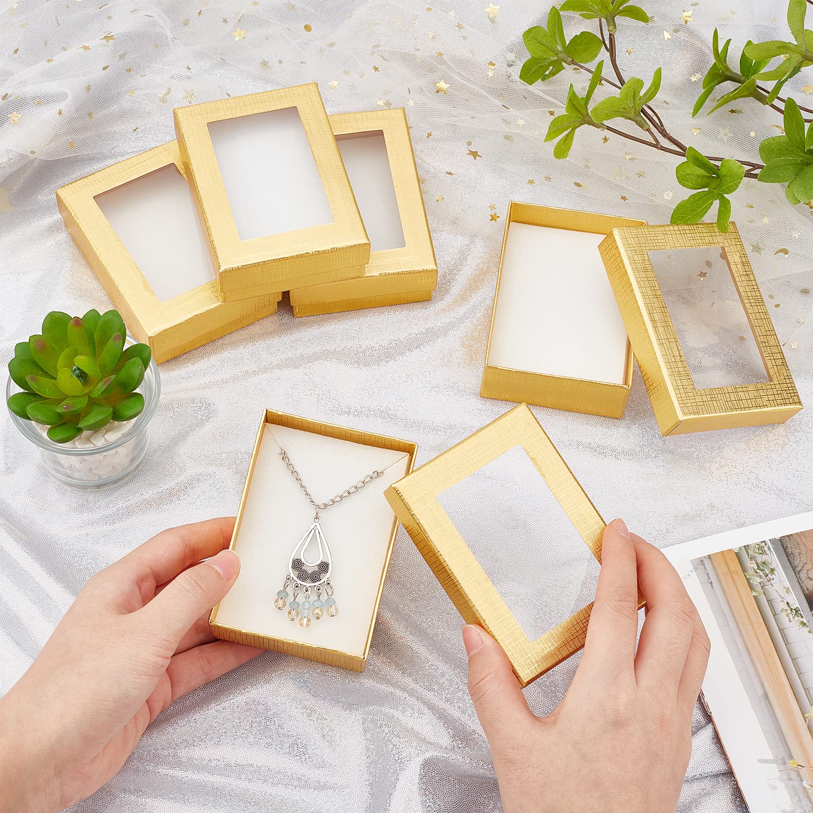 NBEADS 24 Pcs 3.54"x2.55"x1.1"Gift Presentation Boxes with Padding Inside, Golden Nail Packaging Boxes Necklace Boxes Bulk for Christmas Necklaces Earrings Rings Bracelets