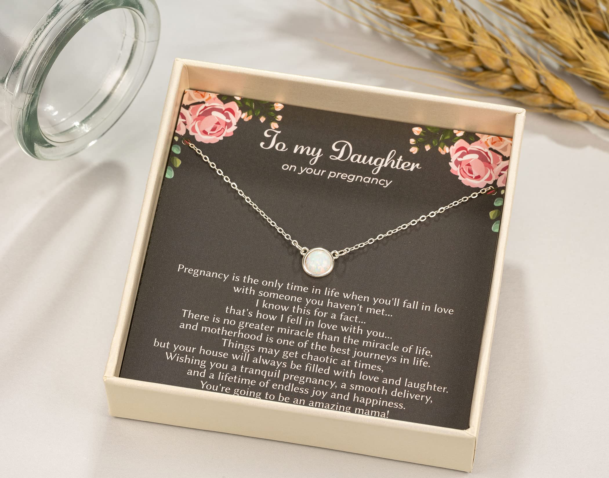 RareLove First Time Mom Gift,Daughter Pregnancy Gift from Mom,Baby Shower Gifts,925 Sterling Silver White Opal Necklace Gift For Mom to be,Expecting Mom,Daughter Push Gift