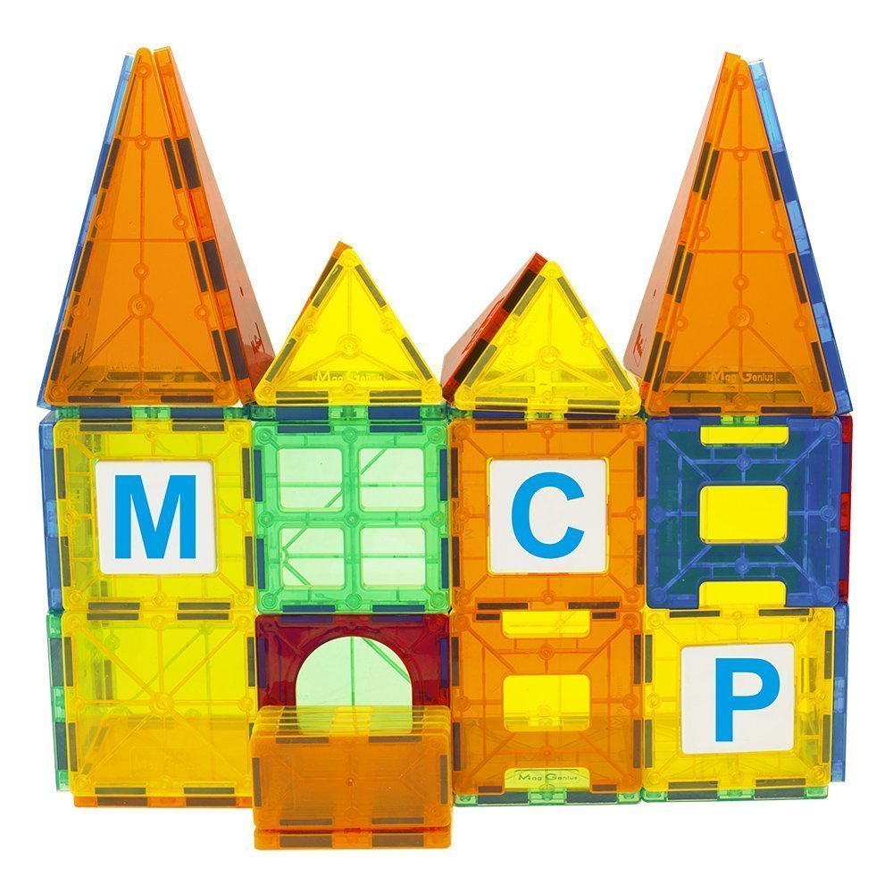 Mag Genius Magnet Tiles - Clear Magnetic 3D Building Blocks - Educational Toys, Games, Activities, Puzzles - Creativity, Motor Skills, Learning Shapes - Storage Bin, 2 Car Base, 120pcs, 13 Click-Ins