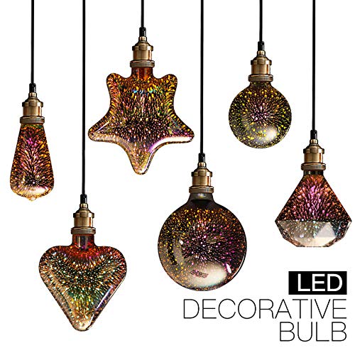 Porseme 3D Fireworks Decorative Light Bulb, E26 Base, 4W, AC100-240V, Glass Bulbs with Soft Warm Light, Shiny Decor for Home, Bedroom, Party (Included 1-Pack Diamond Bulbs)