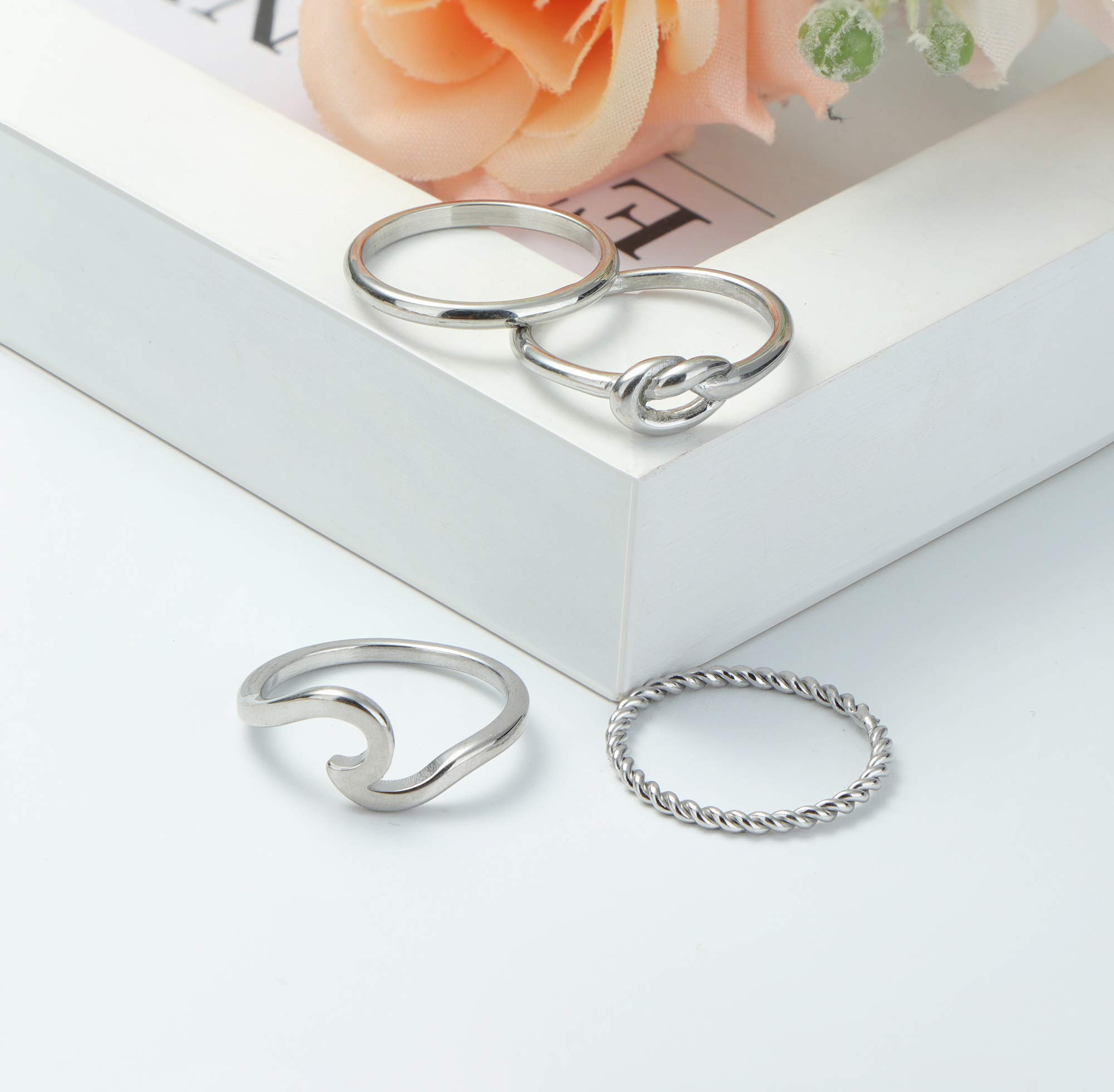 ORAZIO 4 Pcs Silver Wave Rings for Women Twist Knot Band Stackable Rings Stainless Steel Simple Thumb Cute Rose Gold Rings Set