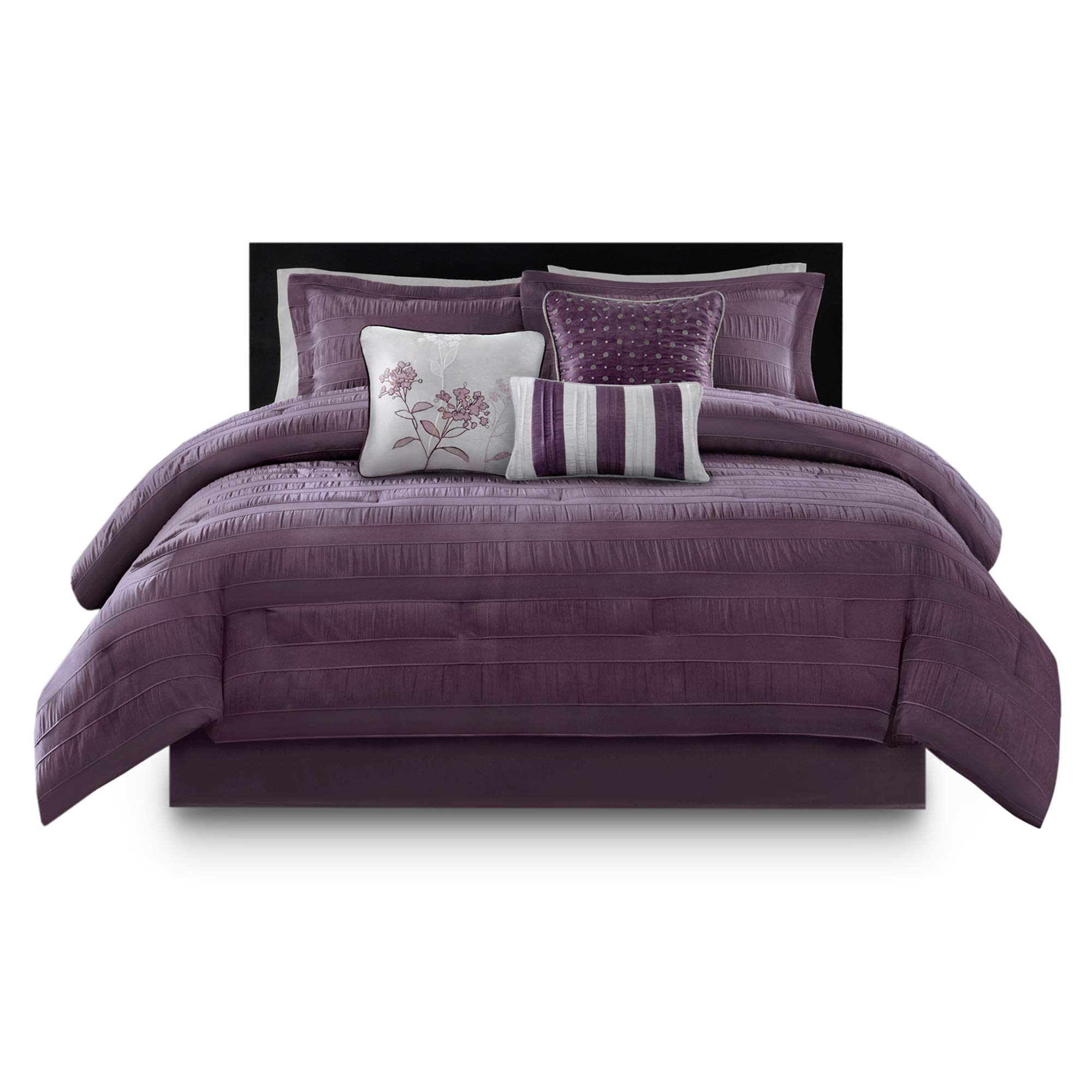 Madison Park Hampton Luxe Comforter Set-Modern Stitching Design All Season Down Alternative Cozy Bedding with Matching Shams, Decorative Pillow, King (104 in x 92 in), Plum 7 Piece