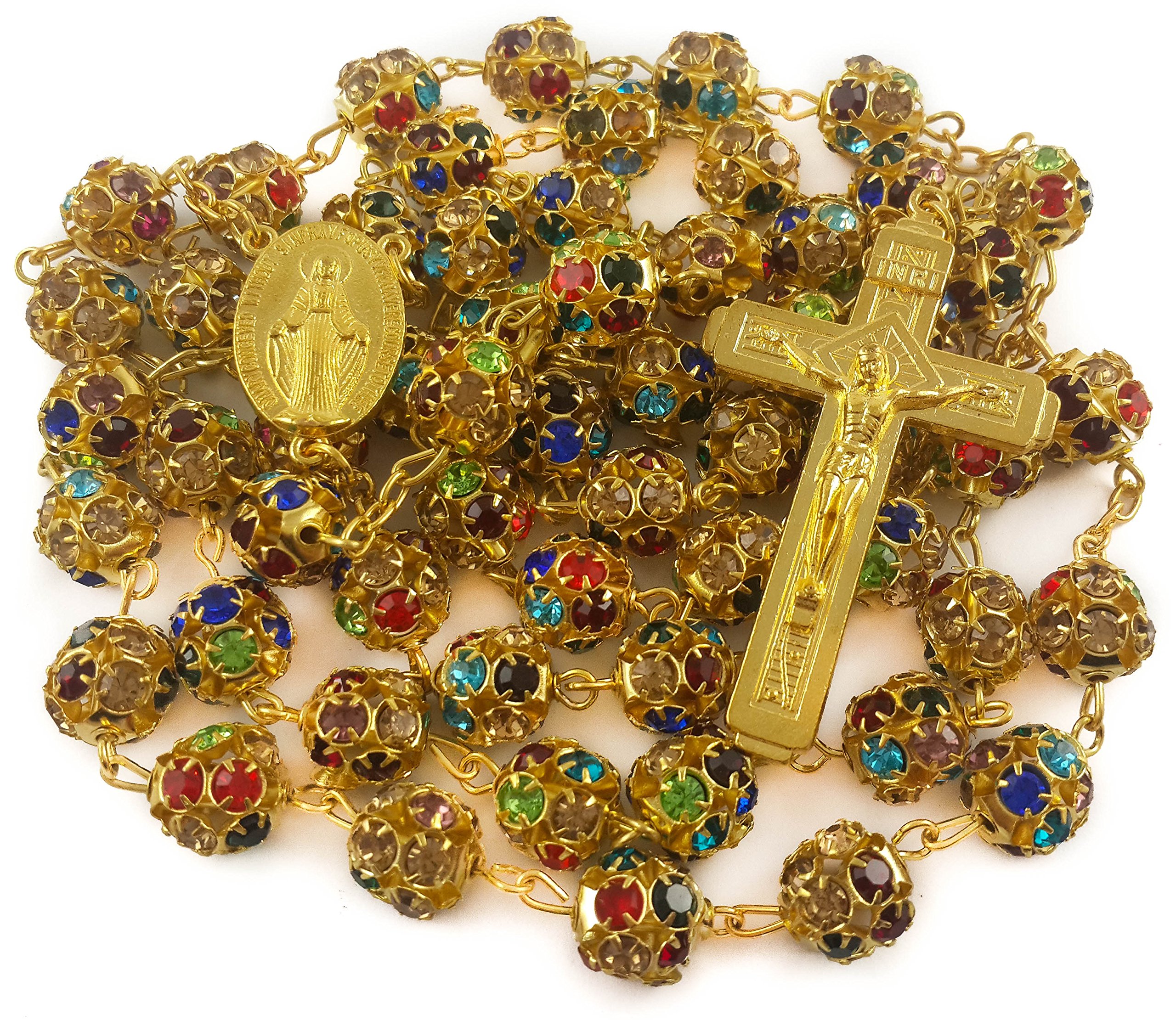 Nazareth Store Gold Plated Rosary Necklace with Colorful Crystallized Beads Miraculous Medal Cross Crucifix