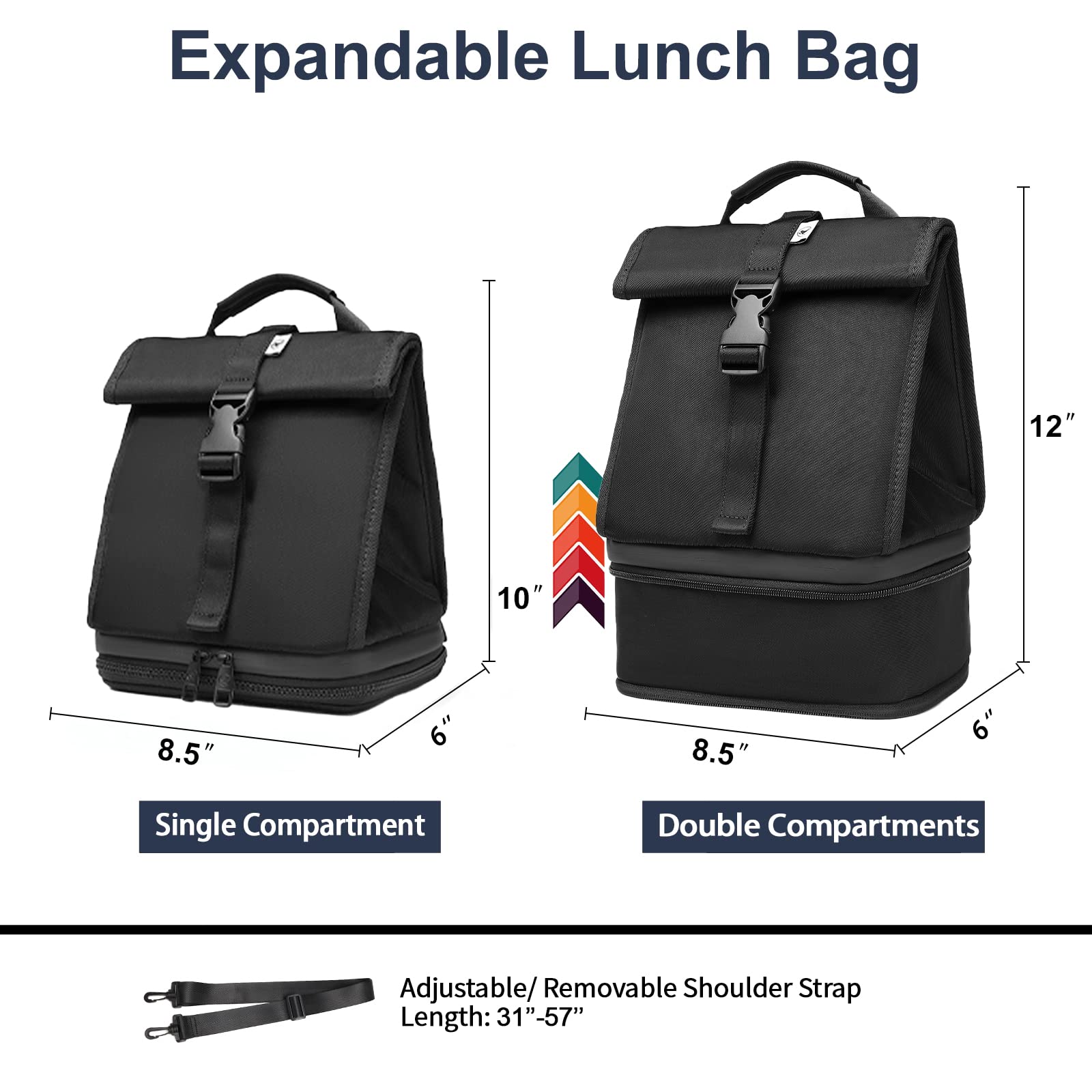 SUNNY BIRD Small Insulated Rolltop Lunch Box Women, Expandable Bento Cooler Bag Reusable for Adult Men (Black, Medium)