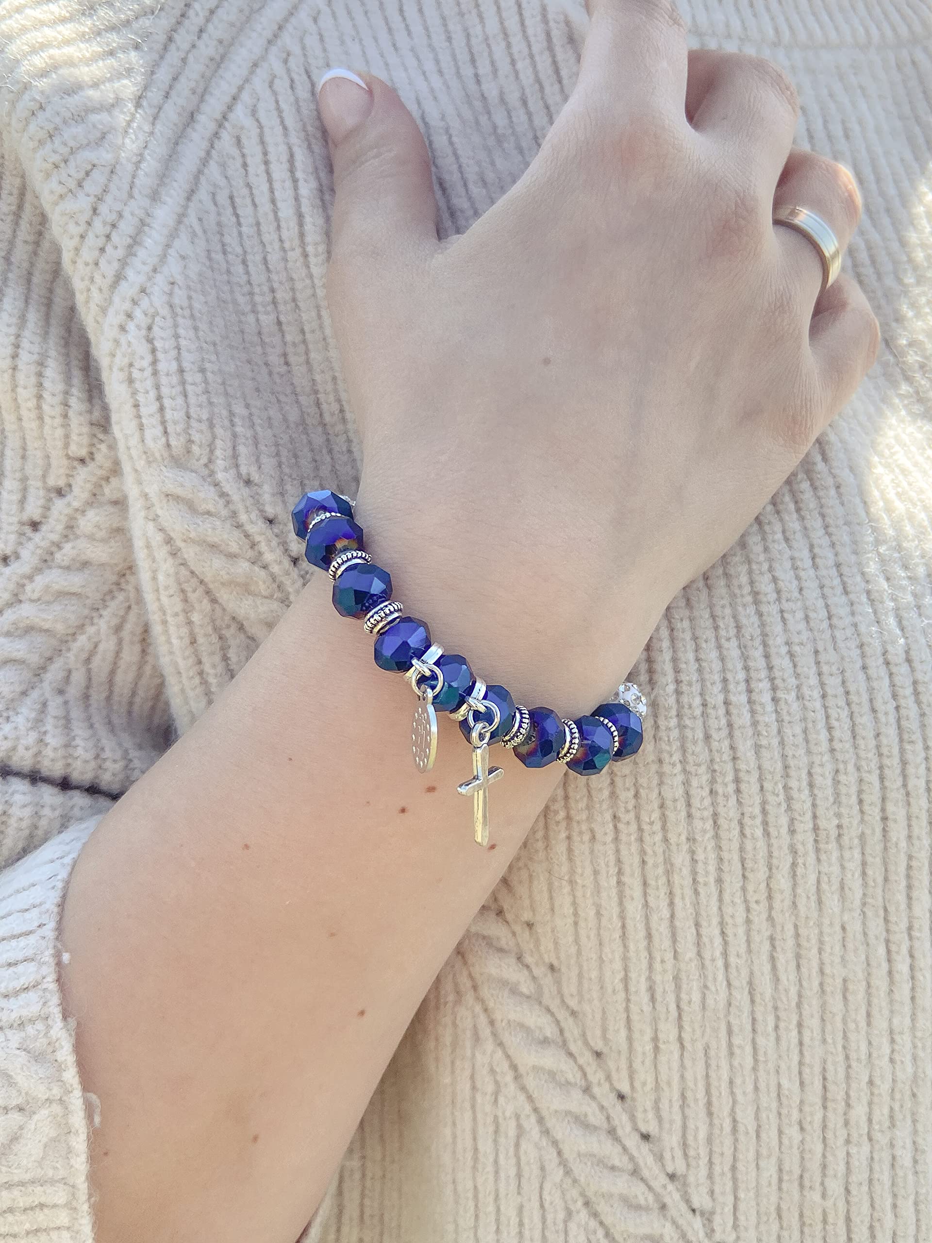 Nazareth Store Women's Beaded Stretch Rosary Bracelet Deep Blue Crystal Beads Bangle Crucifix & Miraculous Medal