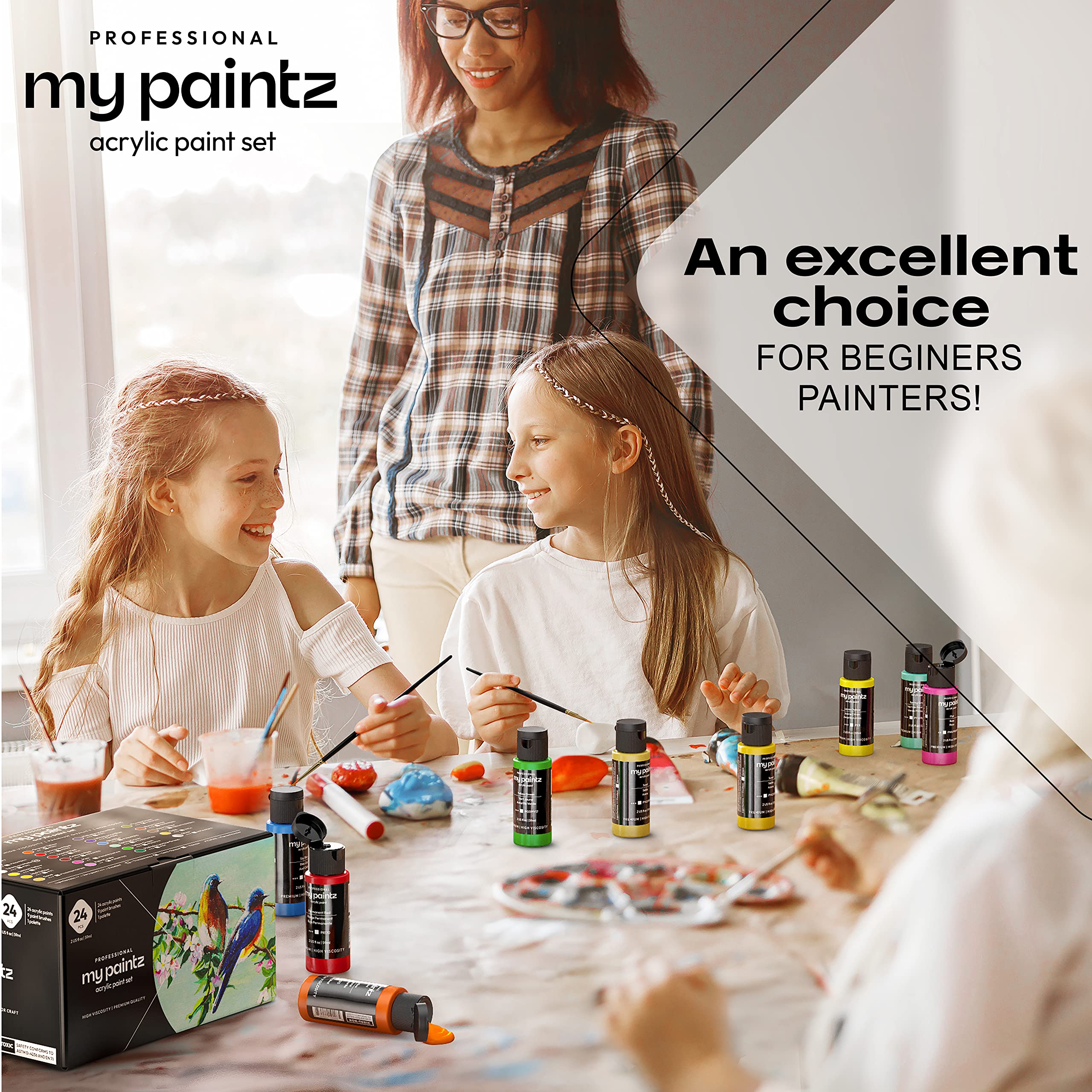 mypaintz Heavy Body Acrylic Paint Set - 24 Colors with 9 Brushes and Pallet - Professional Acrylic Paint Kit (2oz/59ml) - Art Paint - 2 Whites - Thick Paint