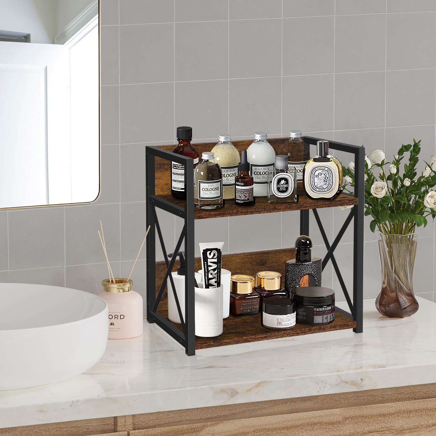 YINMIT Coffee Bar Accessories Organizer, Spice Rack Organizer, Wooden Kitchen Counter Shelf, 2 Tier Coffee Organizer Station for Countertop, Coffee Condiment Rack for Mugs, Cups, Cream, Syrup (Medium)