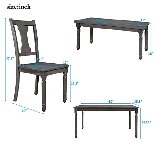 MJWDP 6 Piece Classic Dining Table 1 Wooden Table + 4 Chairs + 1 Kitchen Dining Bench Grey